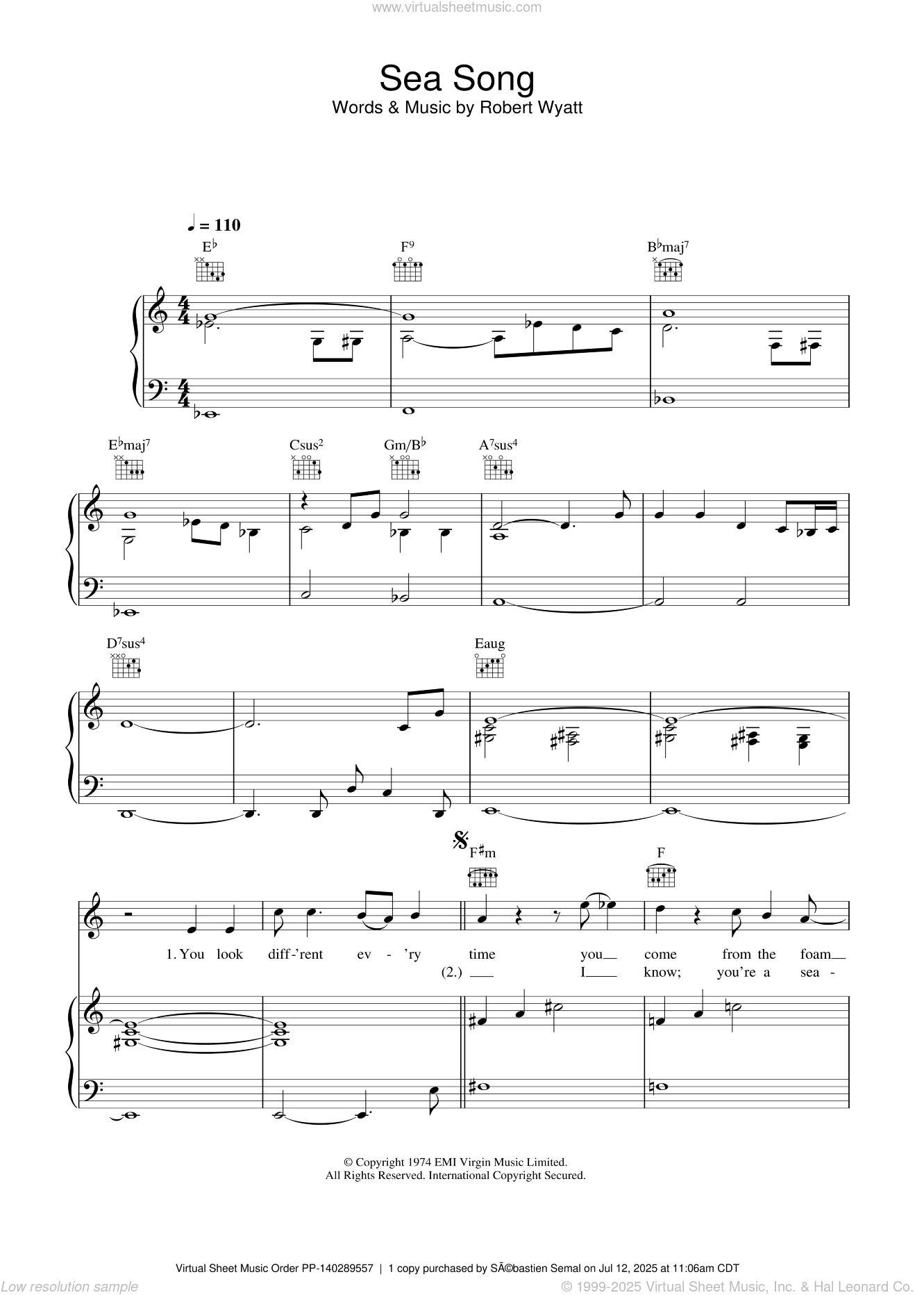 Sea Song sheet music for voice, piano or guitar (PDF)