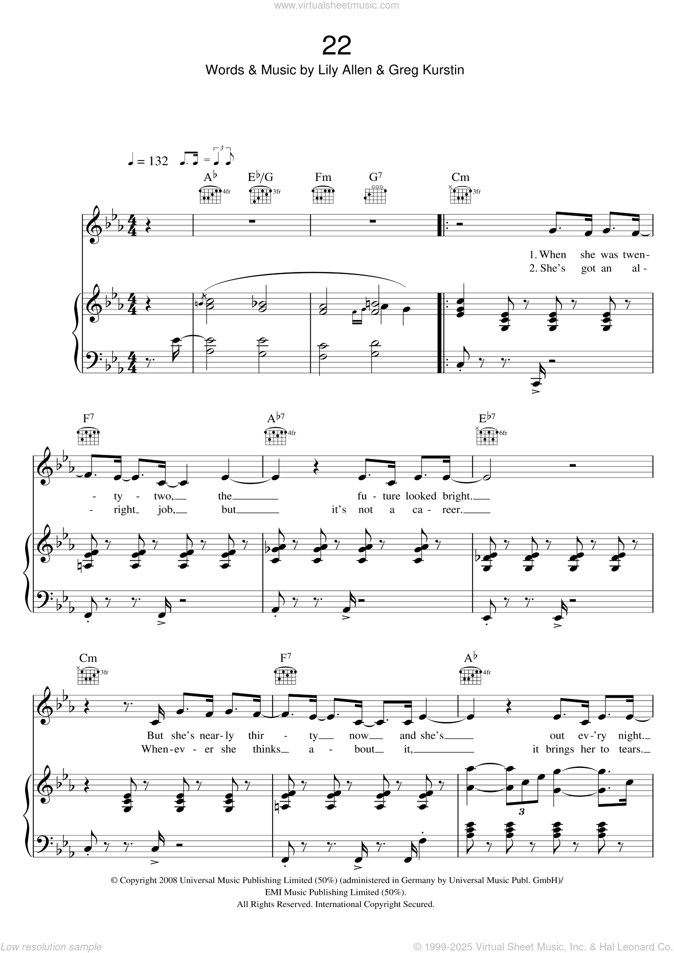 Lily Allen: 22 sheet music for voice, piano or guitar (PDF)