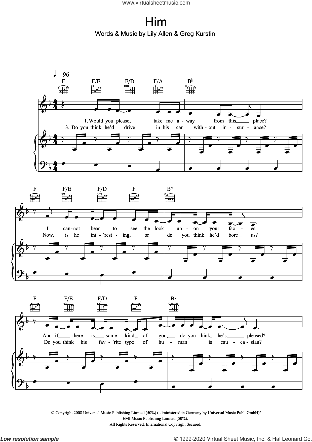 Lily Allen: Him sheet music for voice, piano or guitar (PDF)