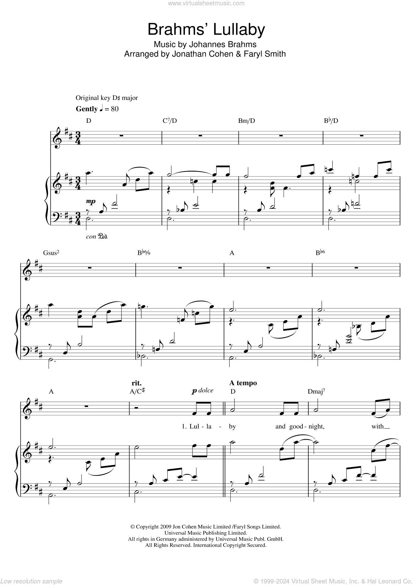 Brahms' Lullaby sheet music for voice and piano (PDF)
