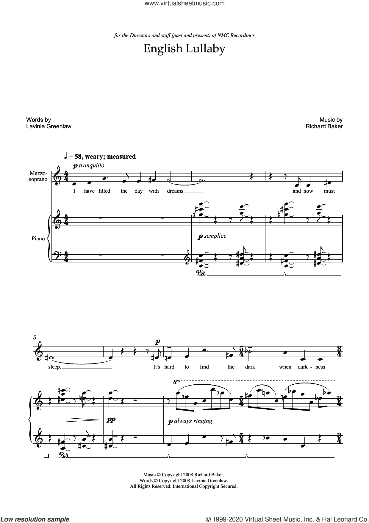 English Lullaby (for mezzo-soprano and piano) sheet music for voice and ...