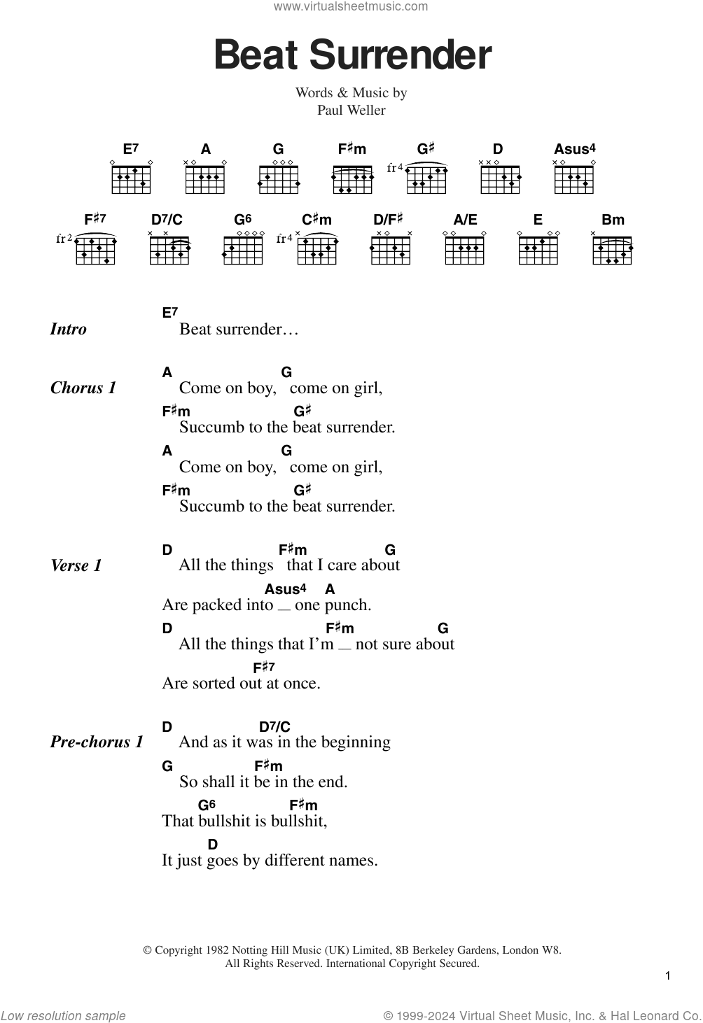 Beat Surrender sheet music for guitar (chords) (PDF)