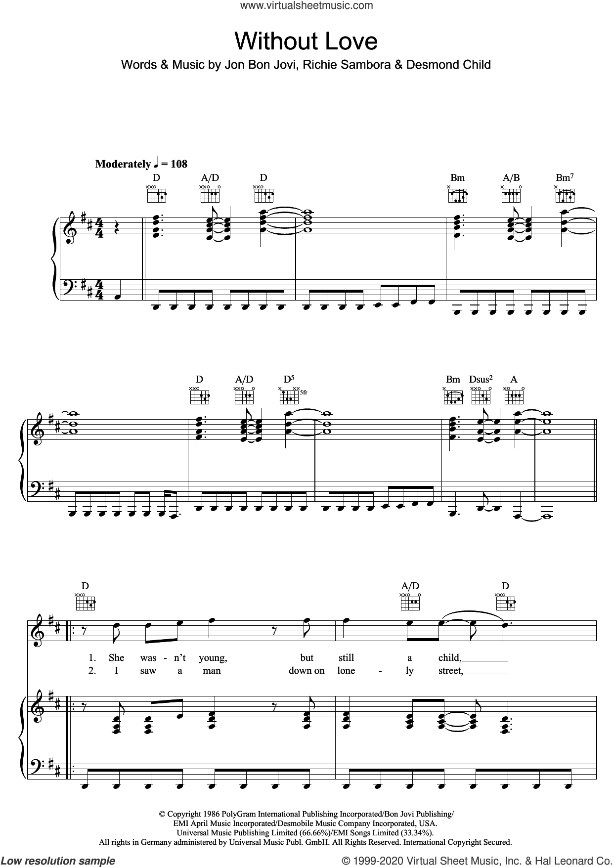 Bon Jovi: Without Love sheet music for voice, piano or guitar