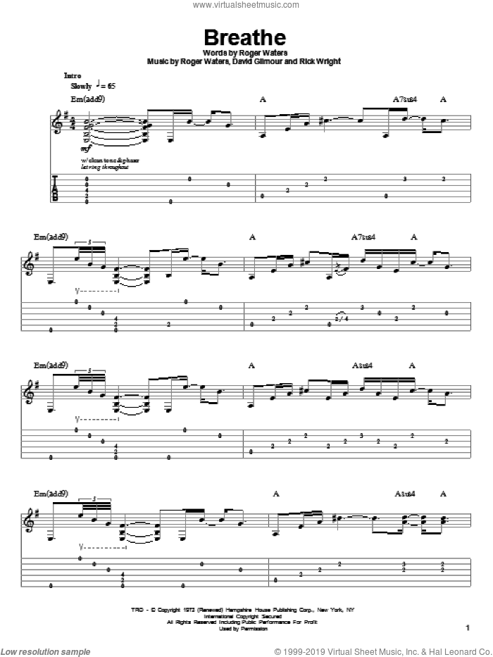 Breathe sheet music for guitar (tablature, play-along) v2
