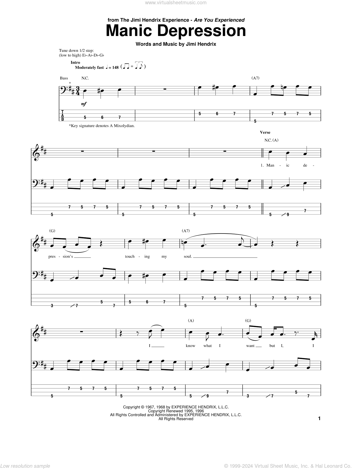 Manic Depression sheet music for bass (tablature) (bass guitar)