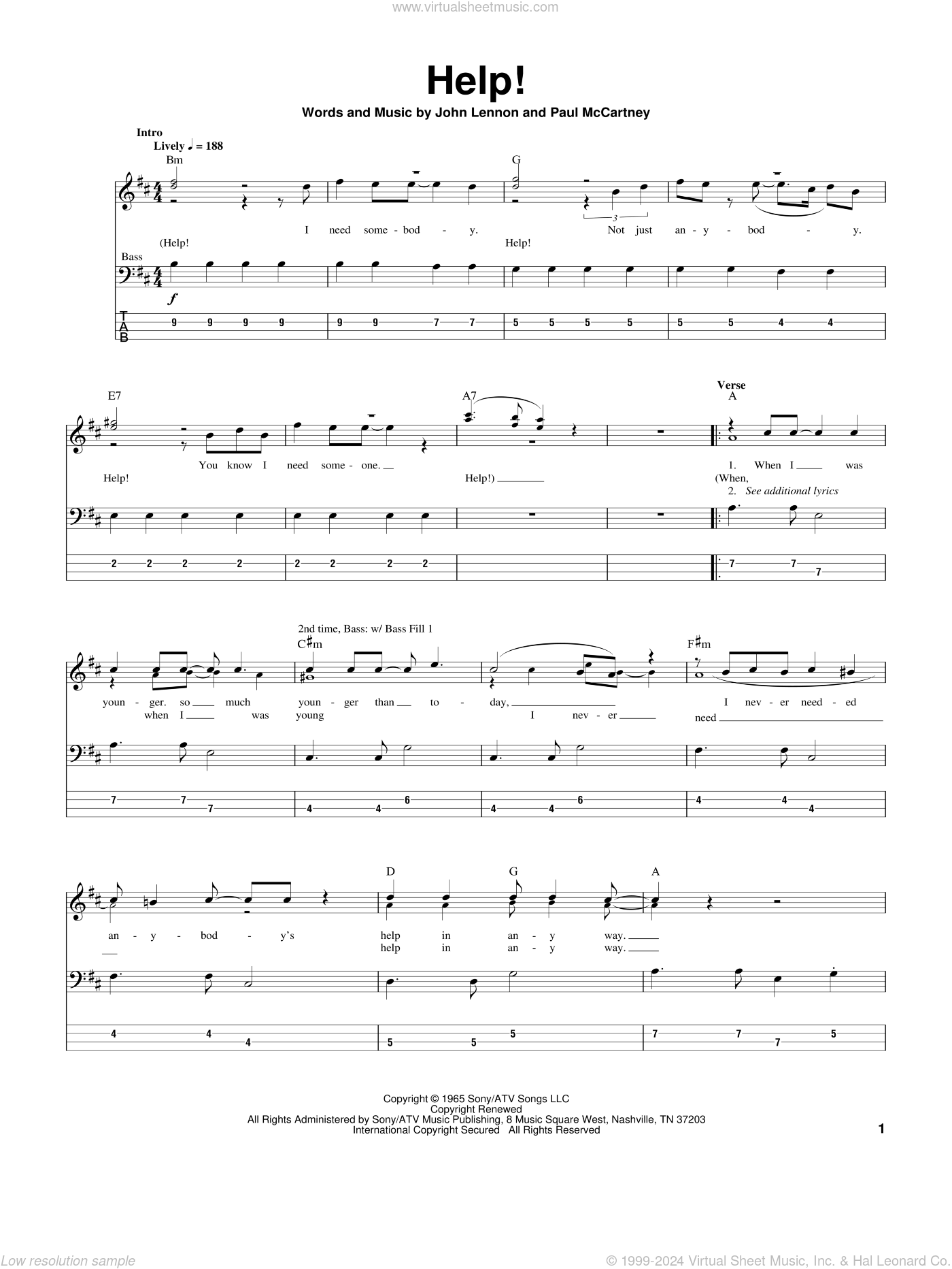Help! sheet music for bass (tablature) (bass guitar) (PDF)