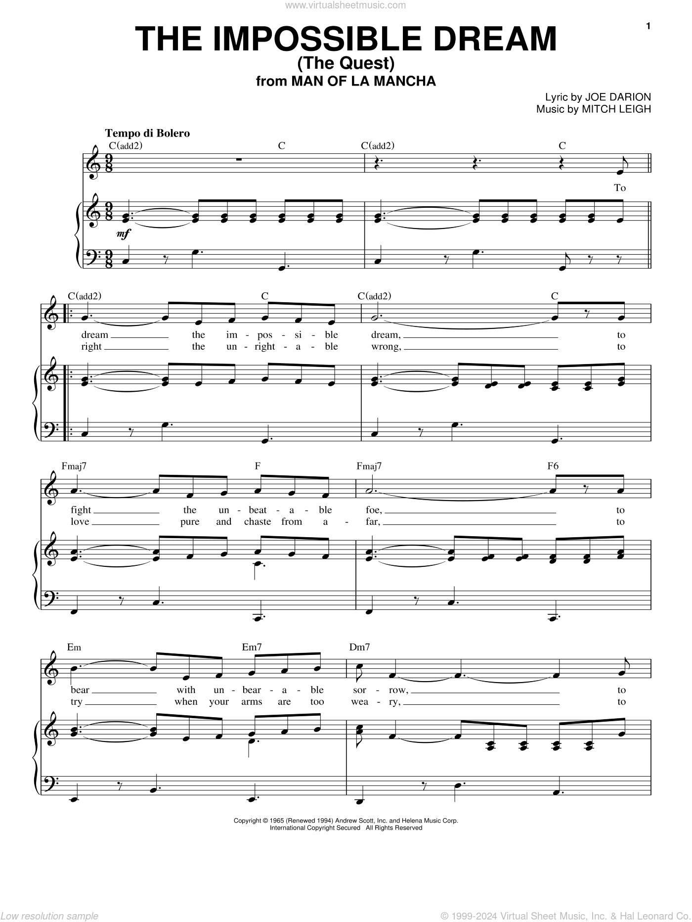 The Impossible Dream (The Quest) sheet music for voice and piano (High Voice) v2