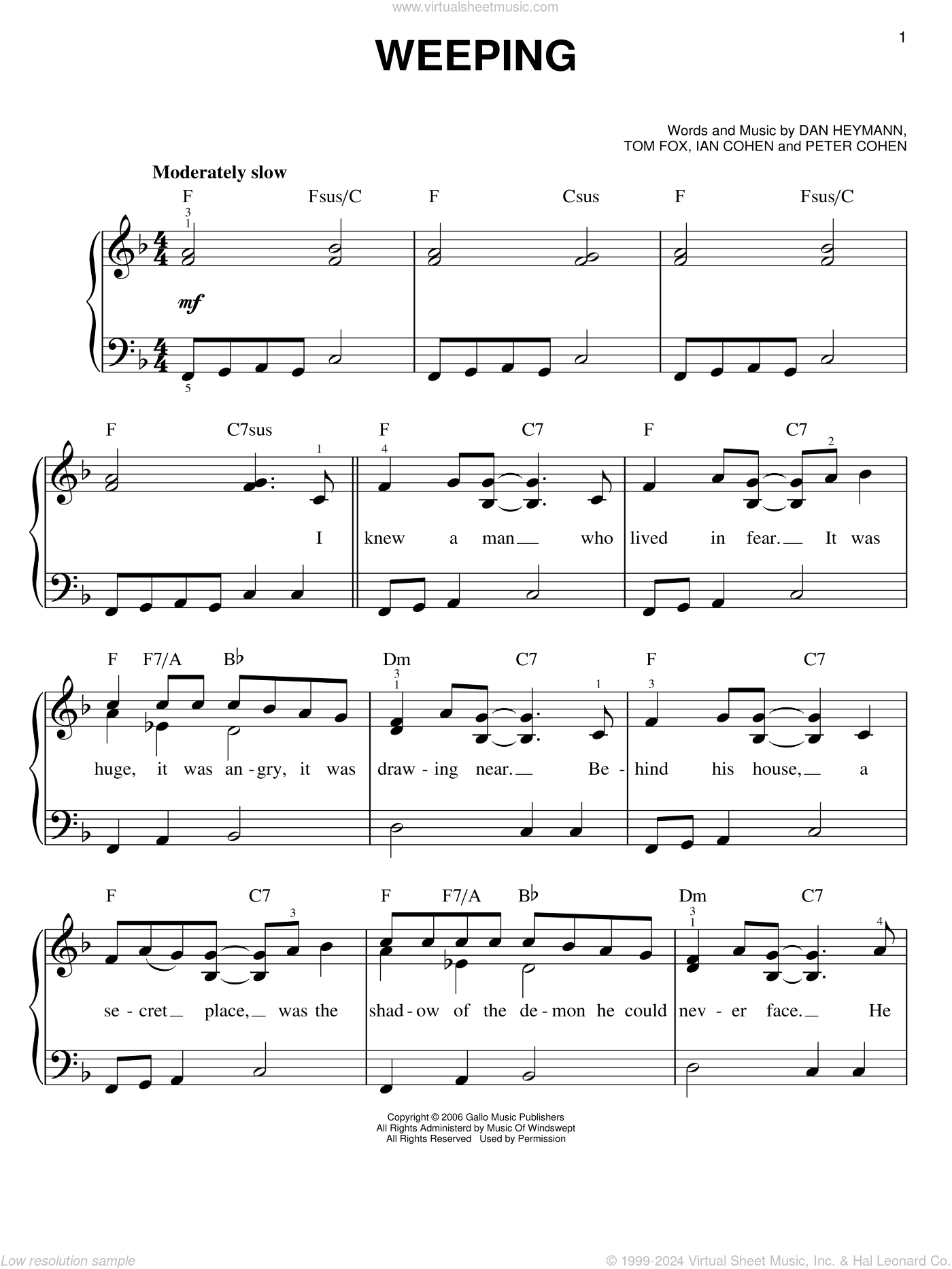 Weeping sheet music for piano solo (PDF-interactive)
