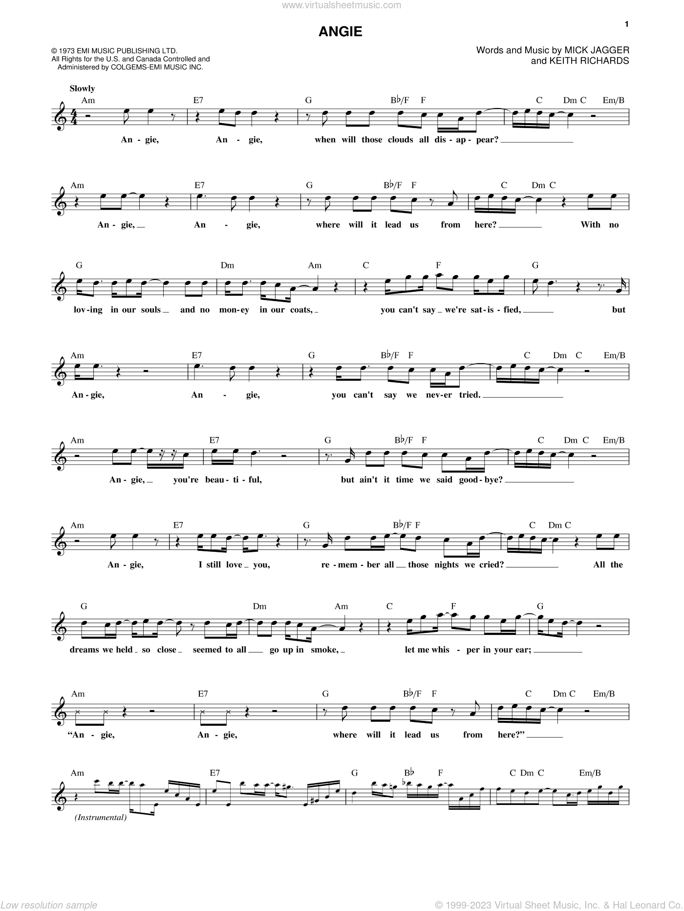 Angie sheet music (fake book, (intermediate) (fake book) (PDF)