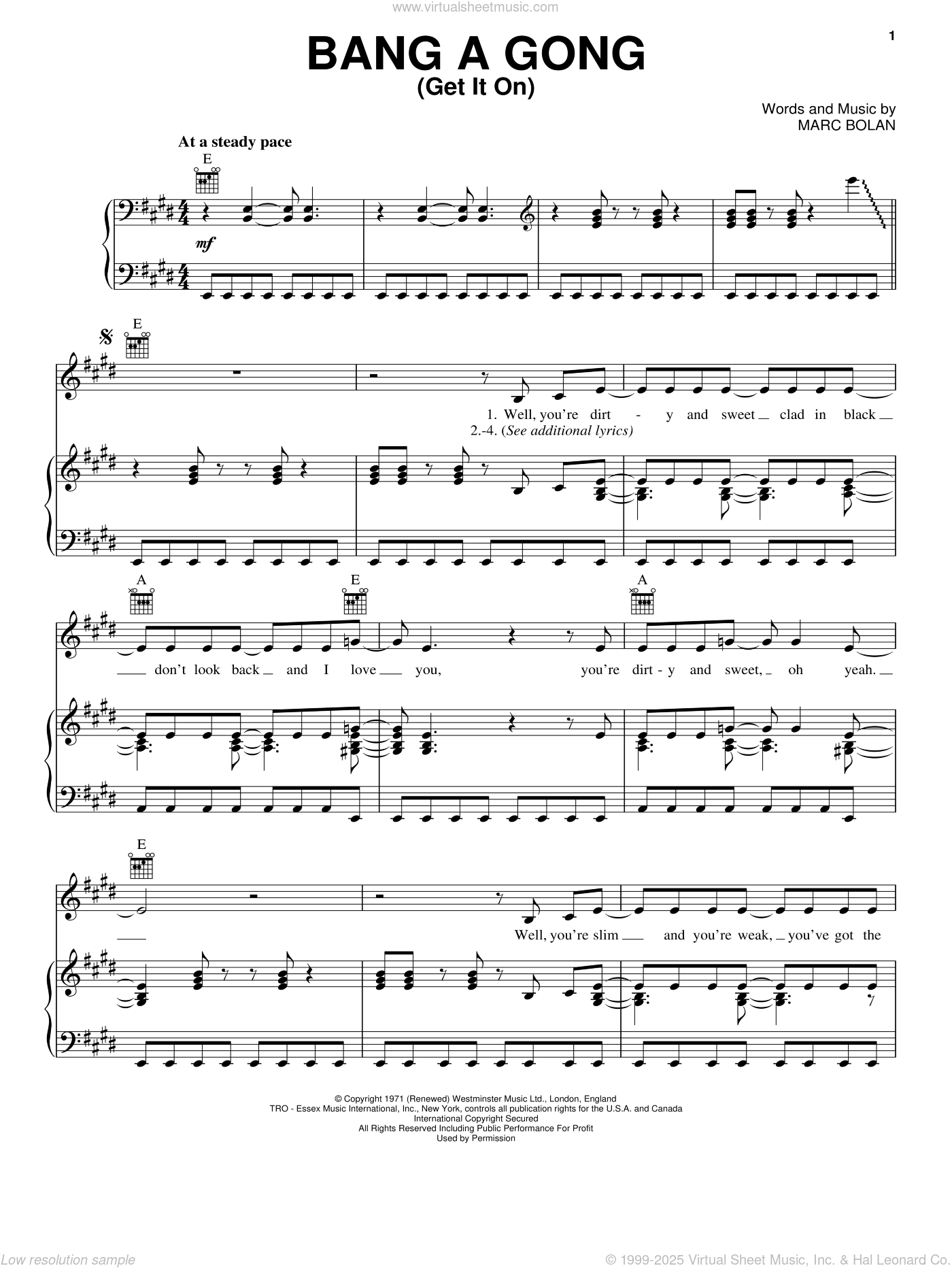 Bang A Gong (Get It On) sheet music for voice, piano or guitar