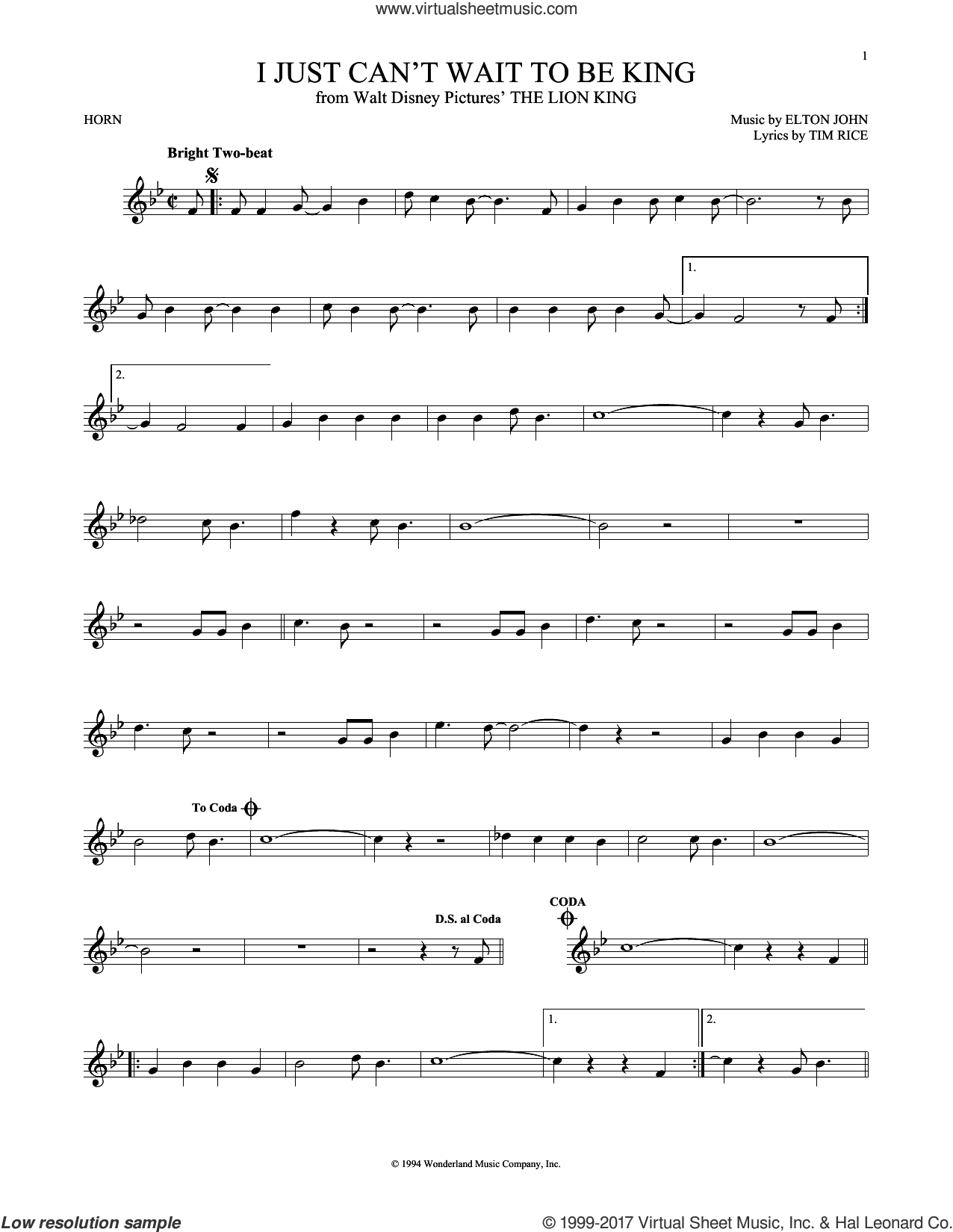 I Just Can't Wait To Be King (from The Lion King) sheet music for horn solo