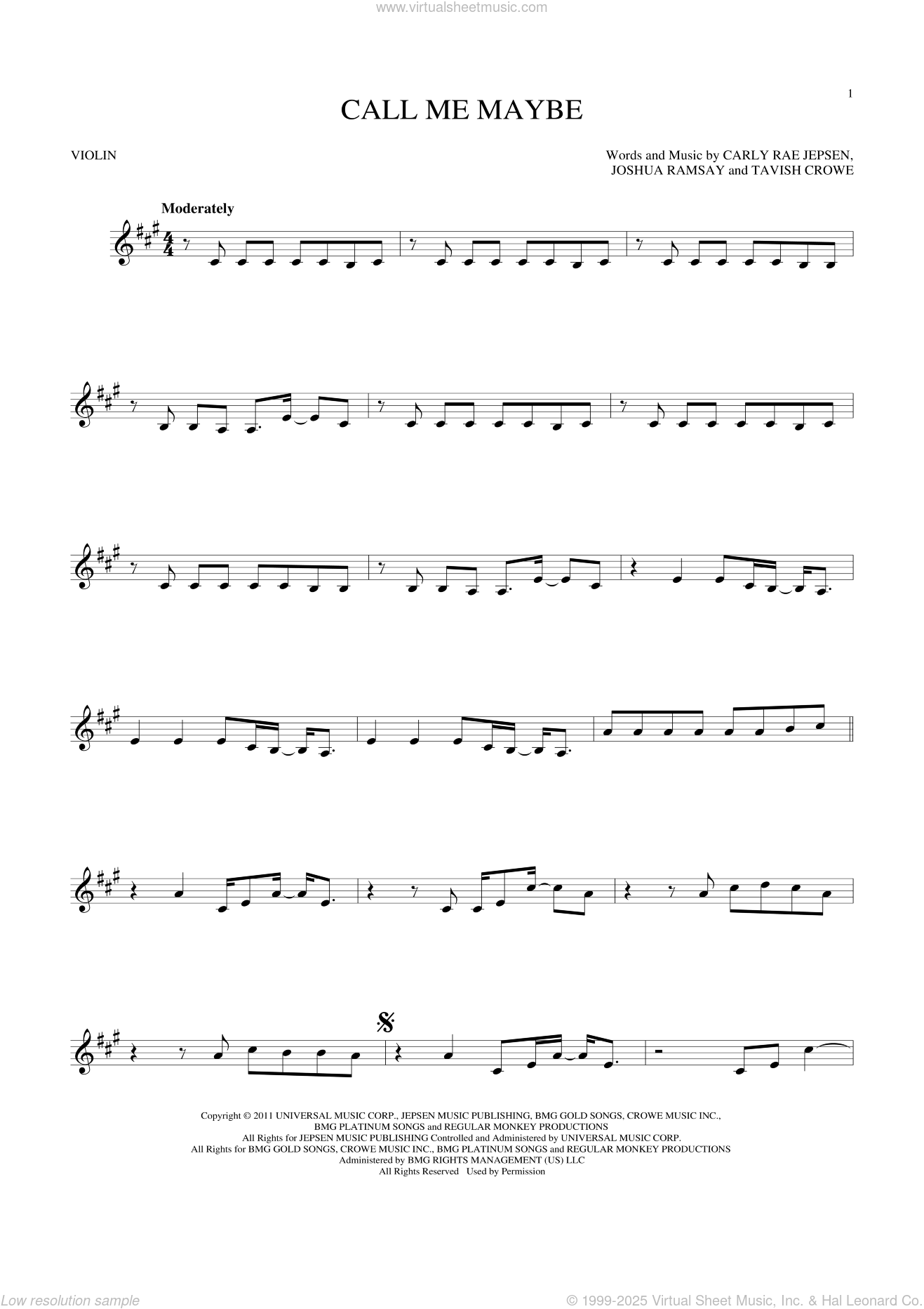 Call Me Maybe sheet music for violin solo (PDF-interactive)