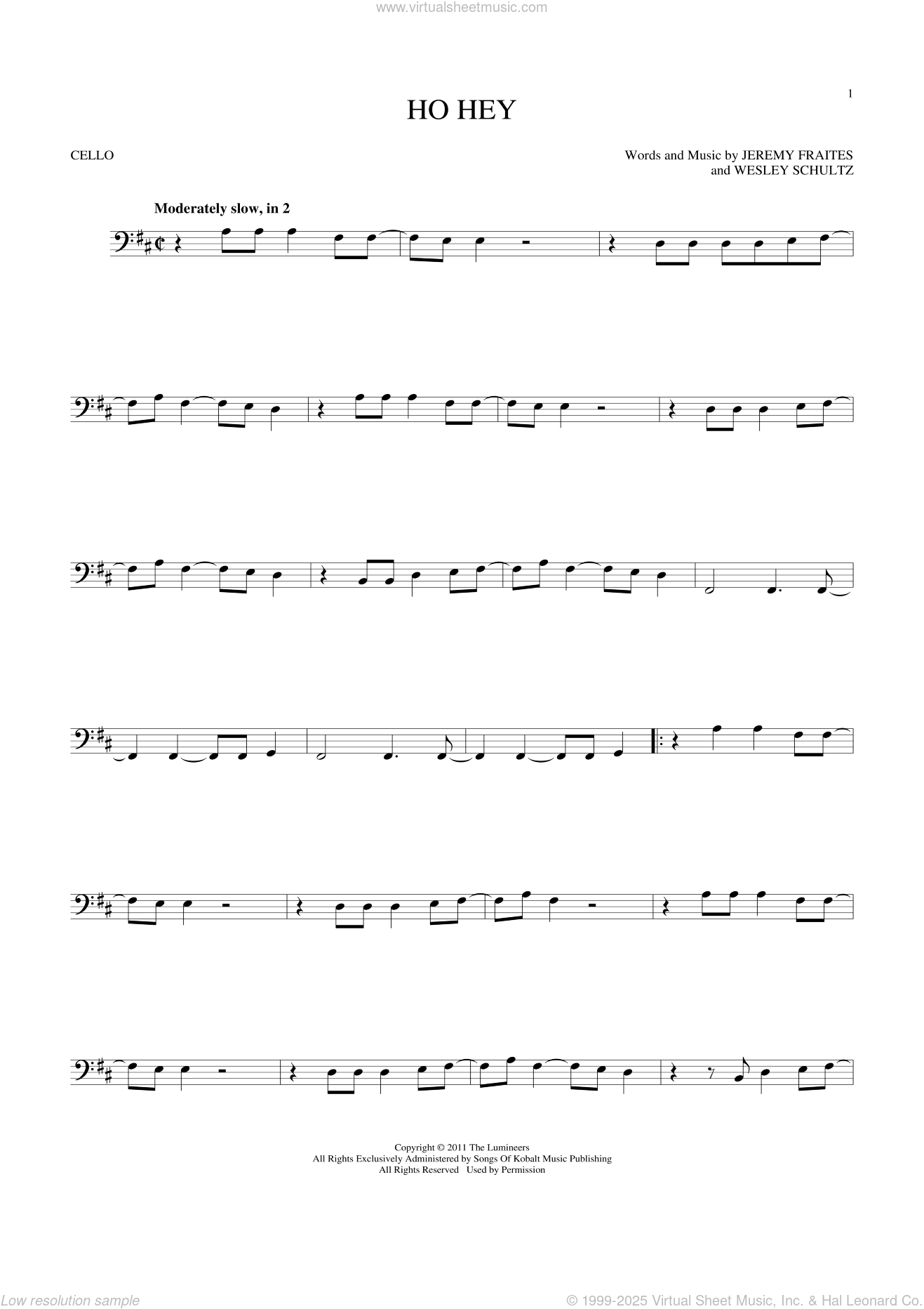 Ho Hey sheet music for cello solo (PDF-interactive)