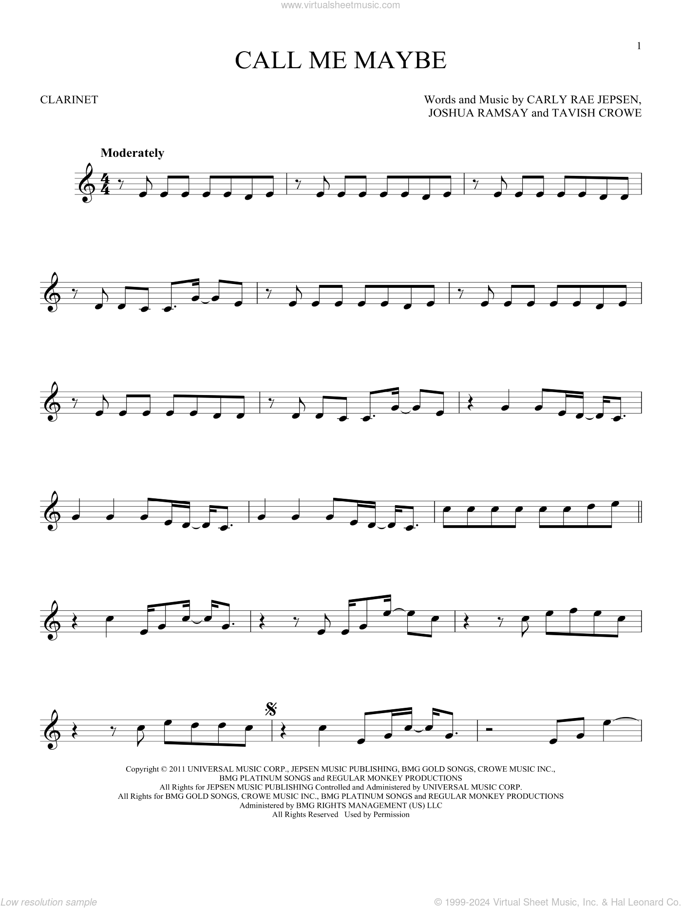 Call Me Maybe sheet music for clarinet solo (PDF-interactive)