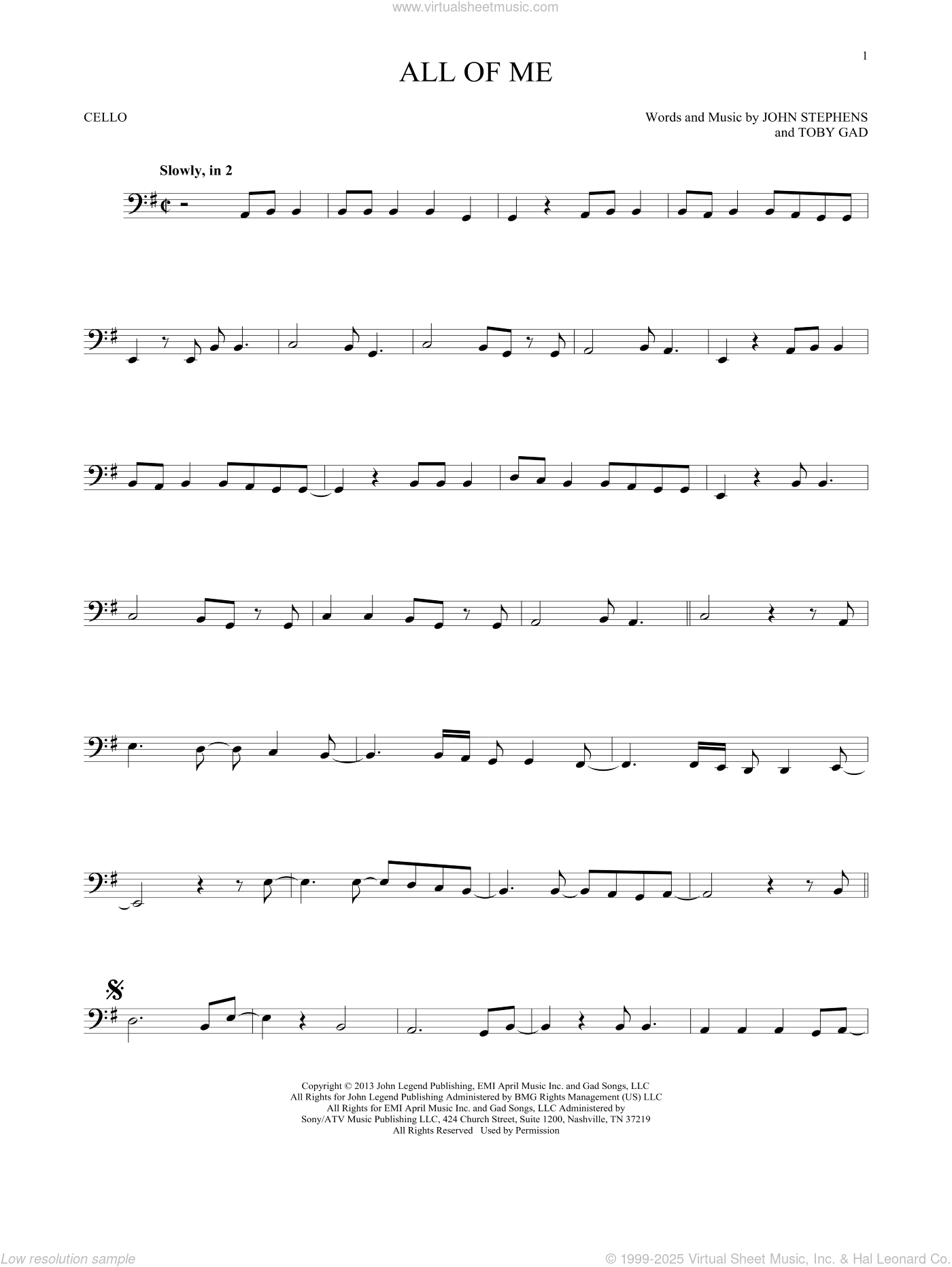 John Legend: All Of Me sheet music for cello solo (PDF)