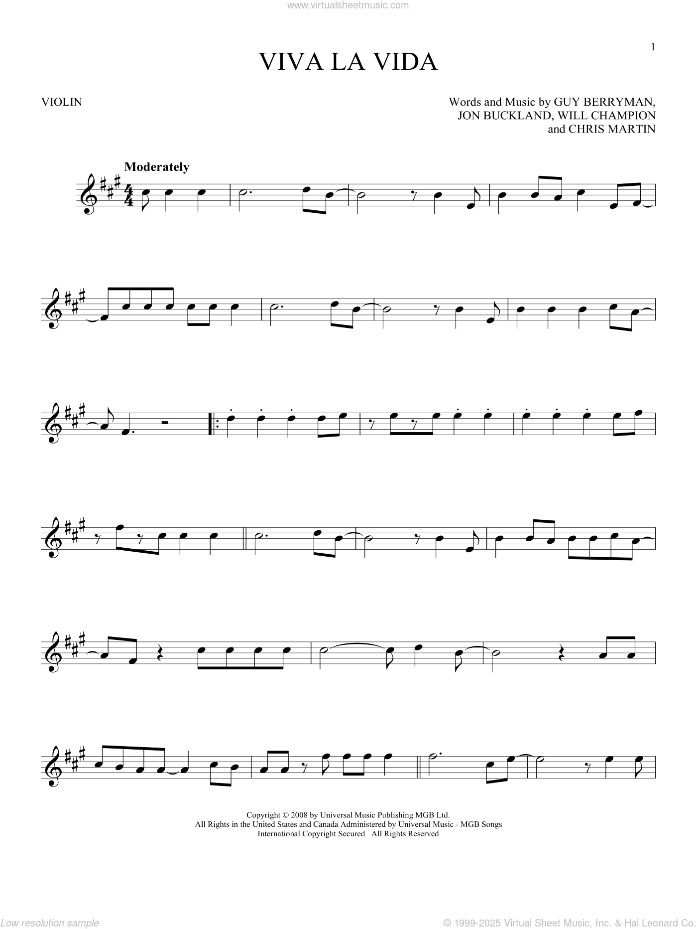 Viva La Vida sheet music for violin solo (PDF) v2