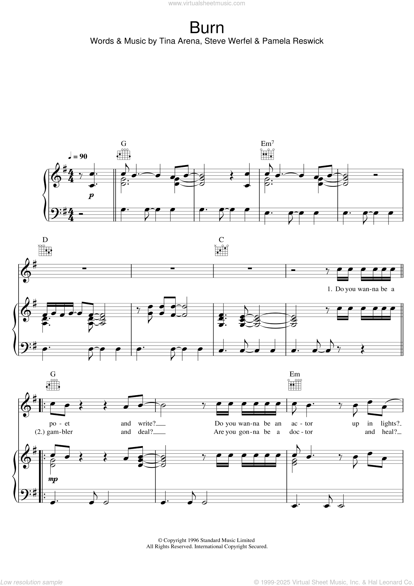Tina Arena: Burn sheet music for voice, piano or guitar (PDF)