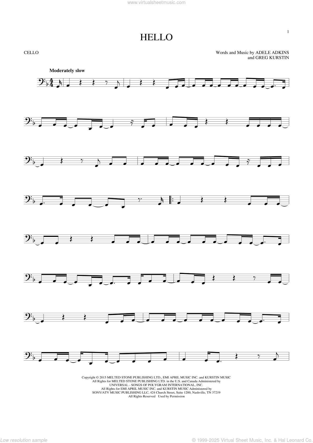 Adele: Hello sheet music for cello solo (PDF-interactive)
