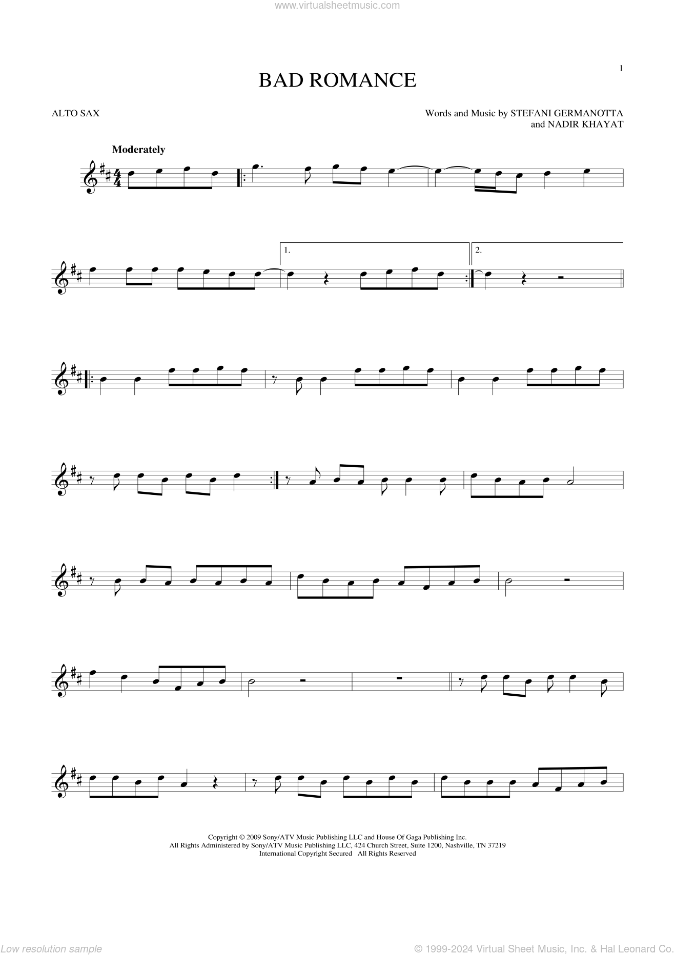 Gaga - Bad Romance sheet music for alto saxophone solo [PDF]