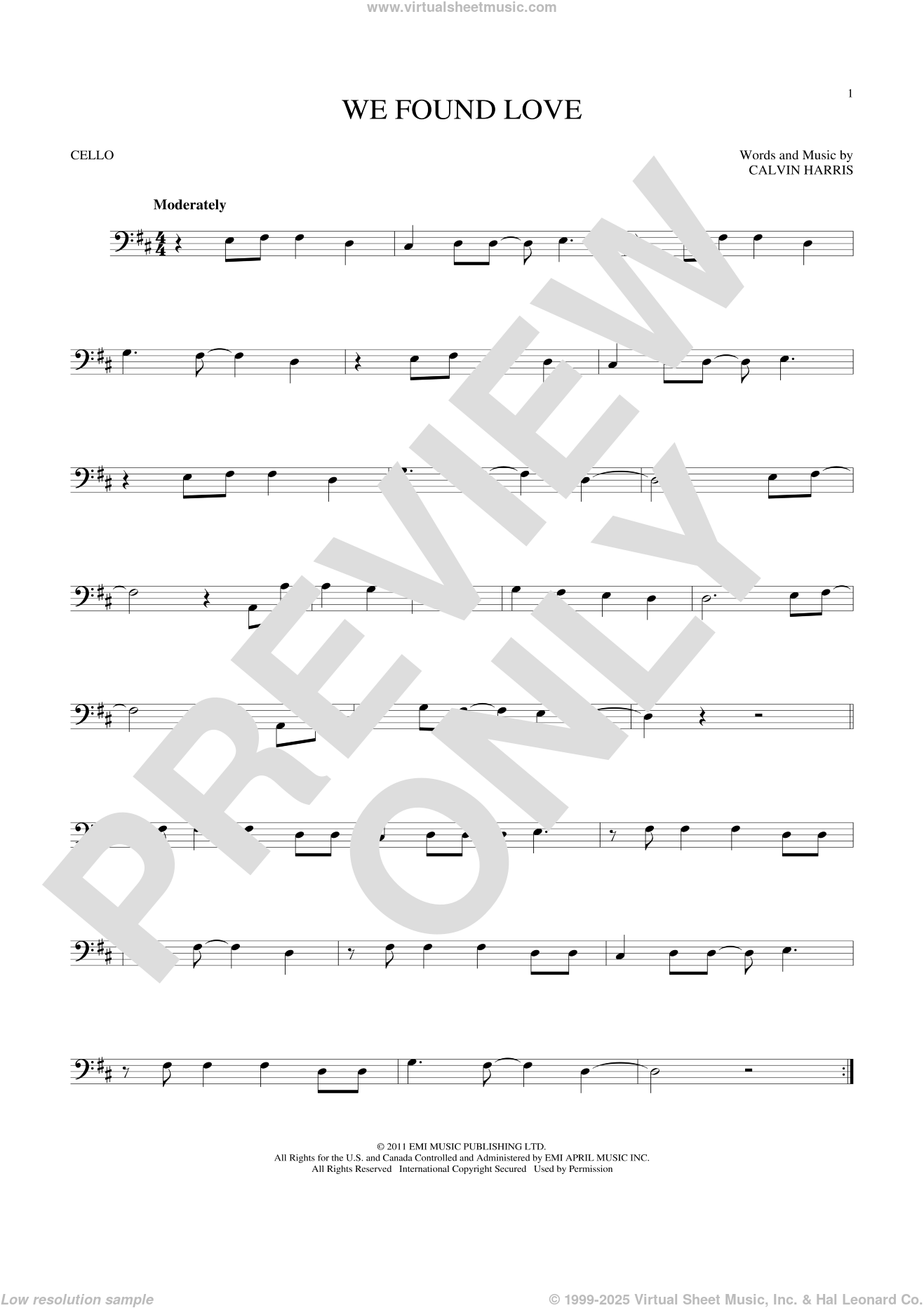 We Found Love sheet music for cello solo (PDF-interactive)