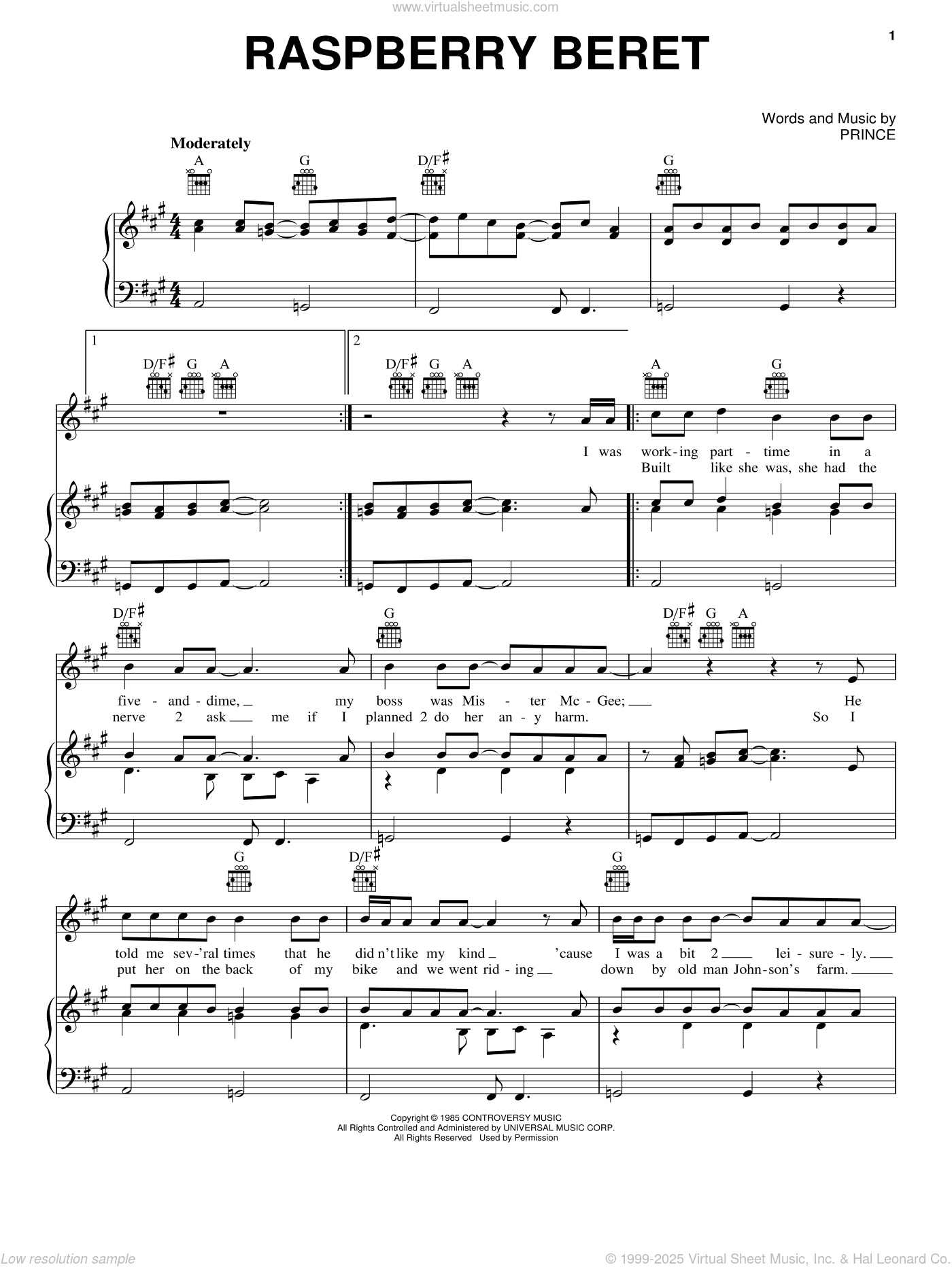 Raspberry Beret sheet music for voice, piano or guitar (PDF)