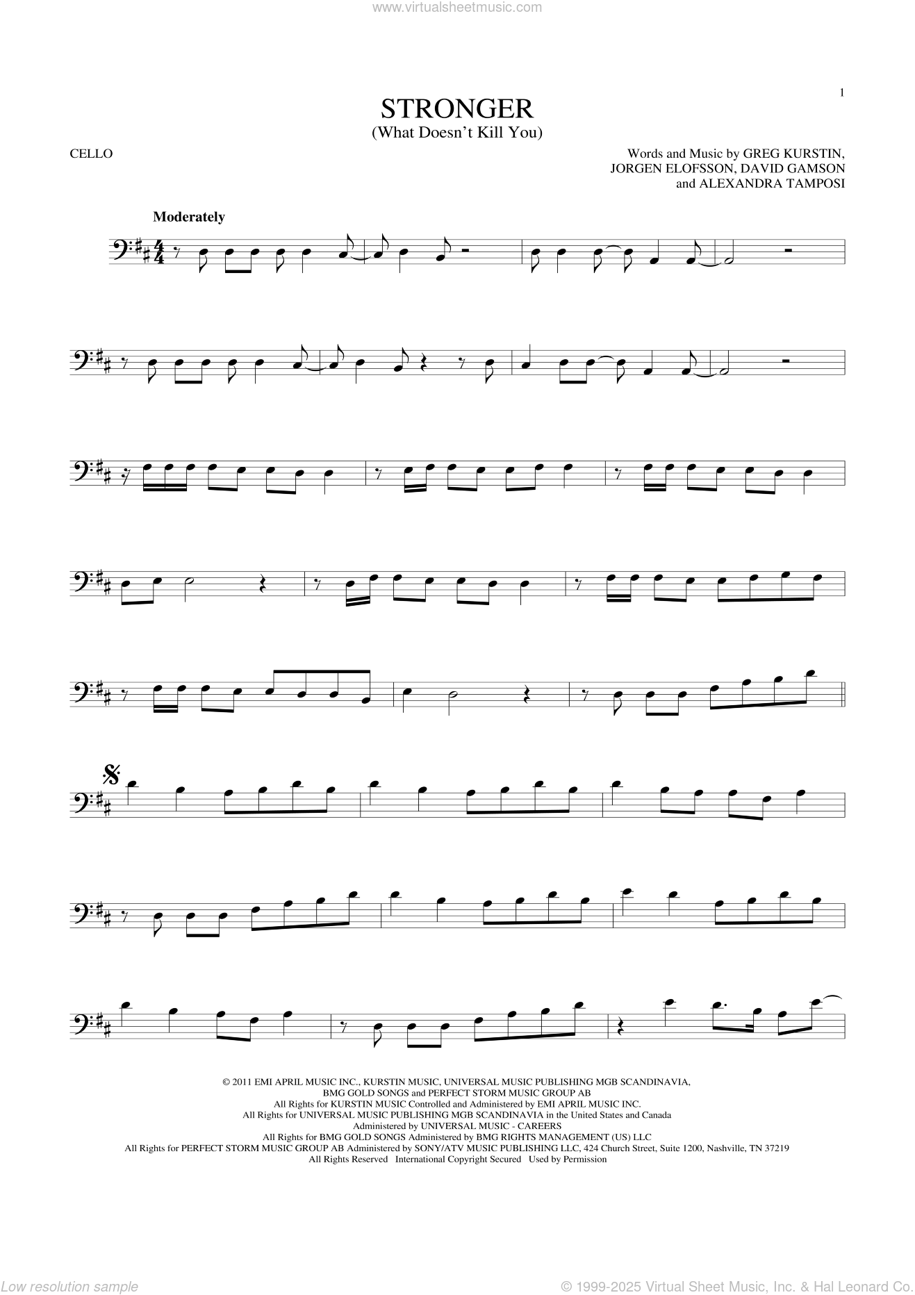 Stronger (What Doesn't Kill You) sheet music for cello solo (PDF)