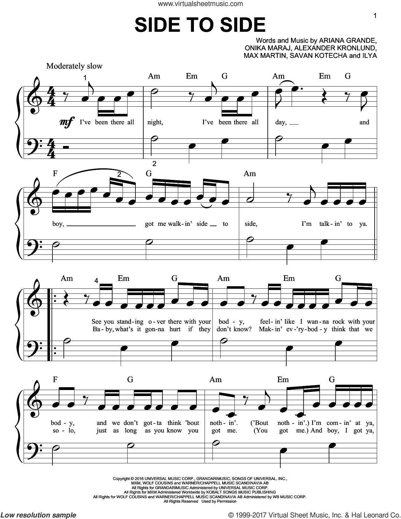 Side To Side sheet music for piano solo (big note book) (PDF)