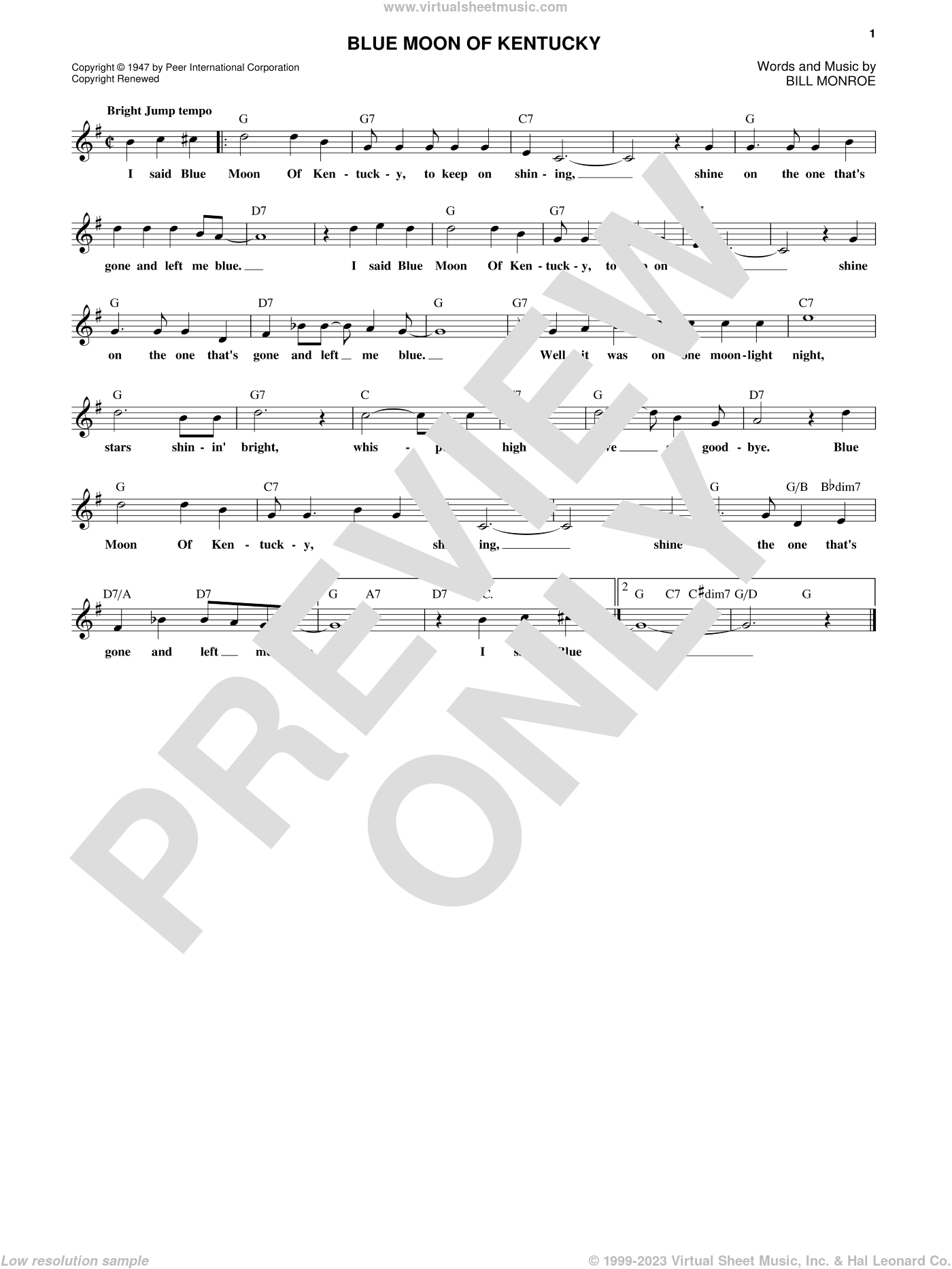 Blue Moon Of Kentucky sheet music (fake book) (PDF-interactive)