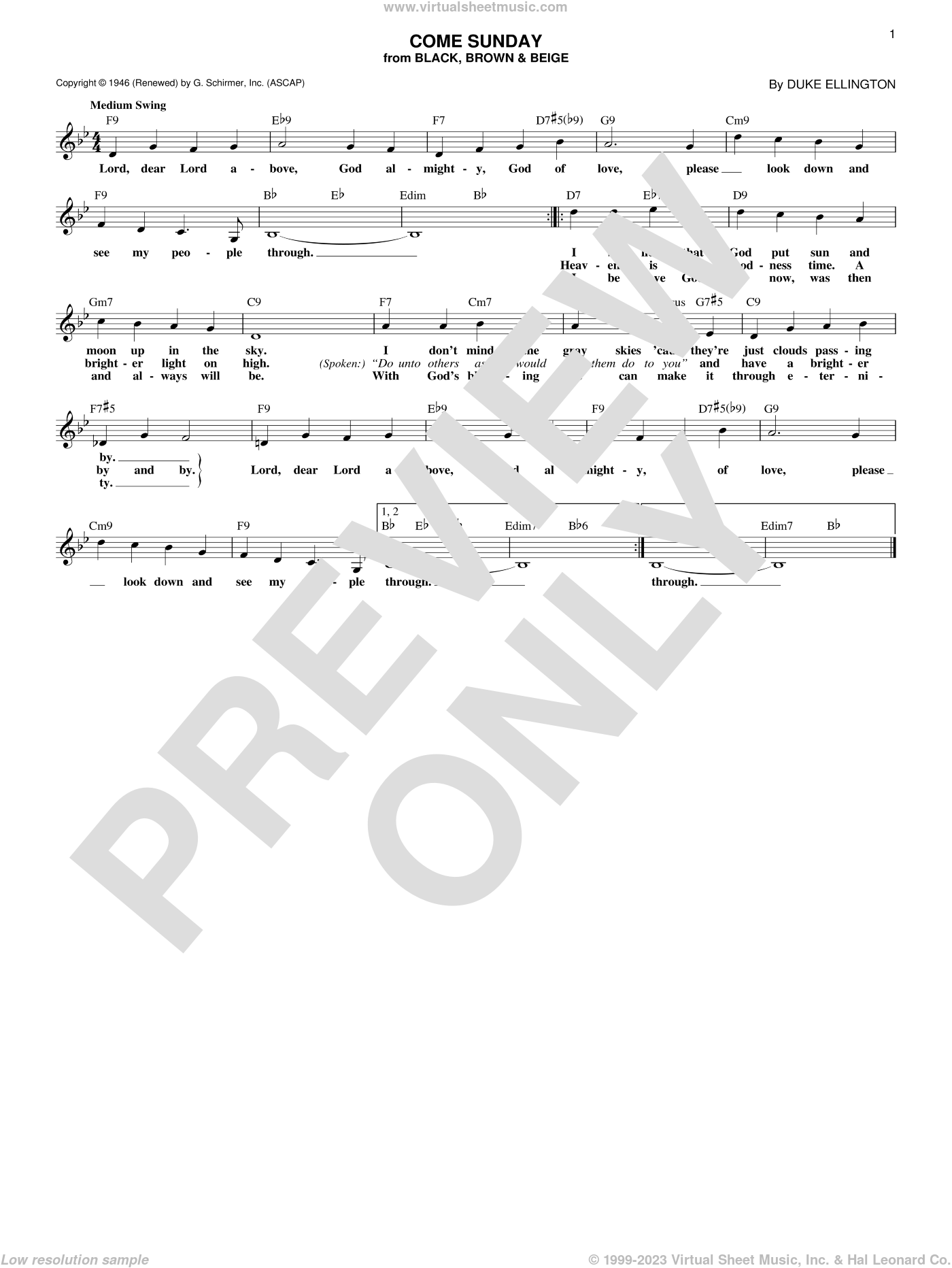 Come Sunday sheet music (fake book) (PDF-interactive)