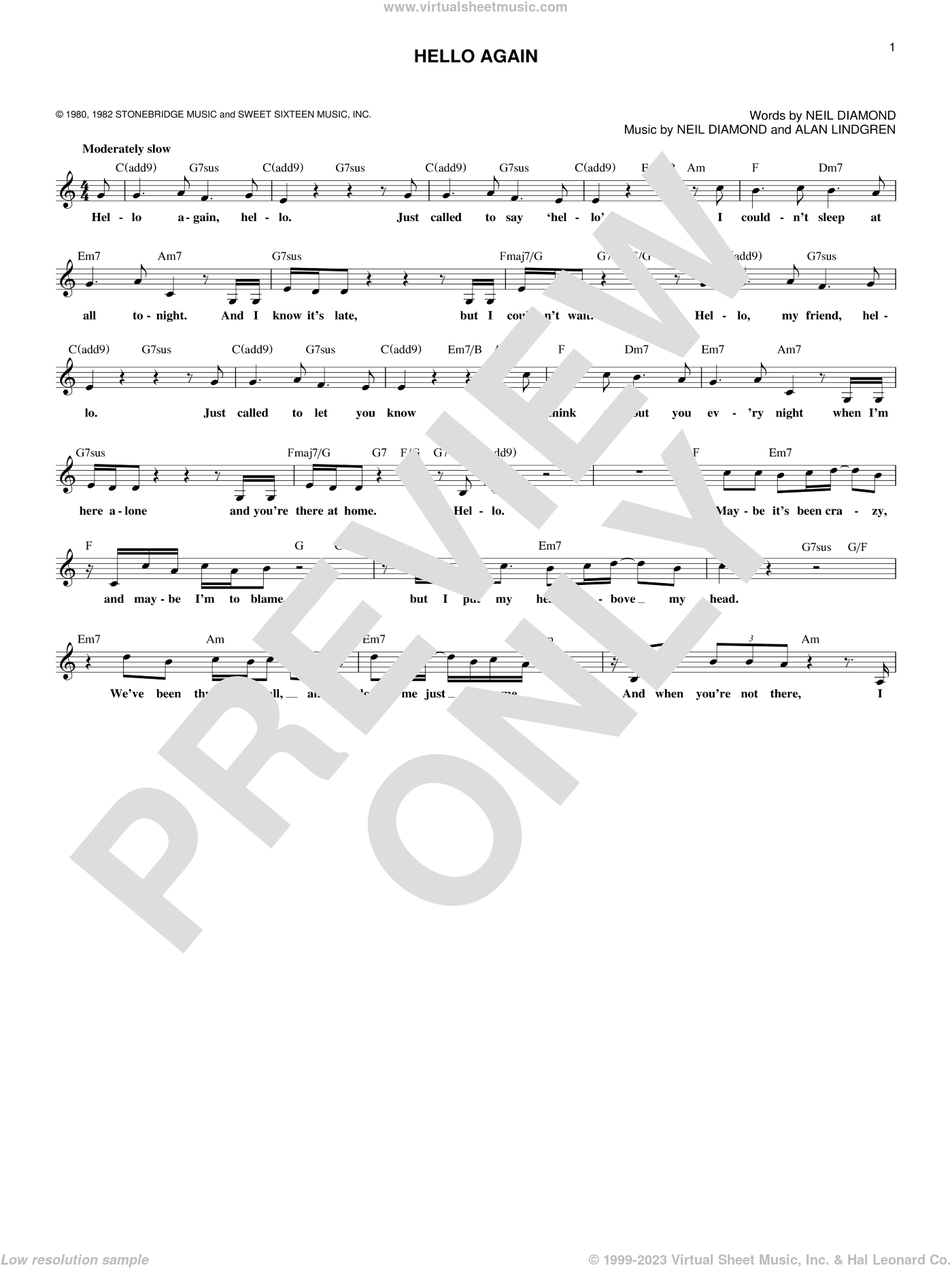 Hello Again sheet music (fake book) (PDF-interactive)