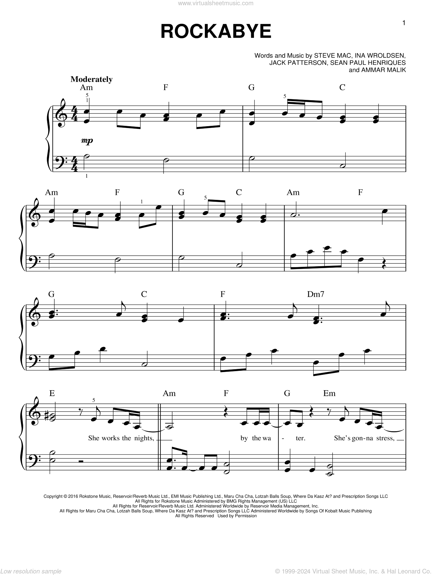 Rockabye sheet music for piano solo (PDF-interactive)