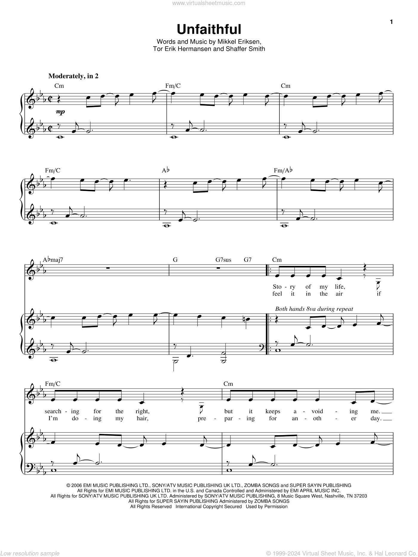 Unfaithful sheet music for voice and piano (PDF-interactive)