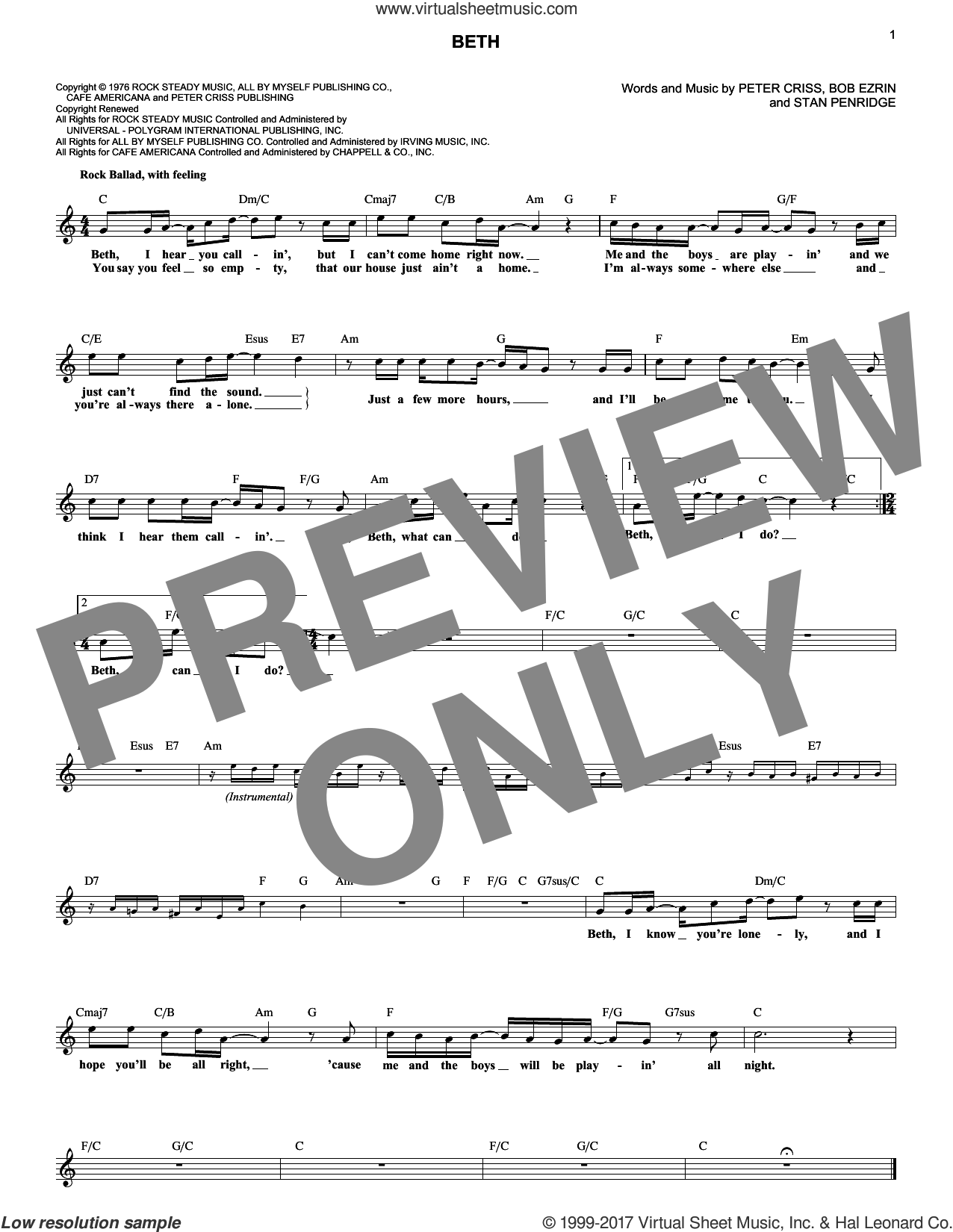 Beth sheet music for voice and other instruments (fake book)