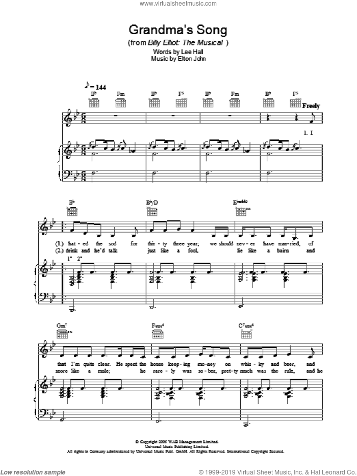 Grandma's Song sheet music for voice, piano or guitar (PDF)