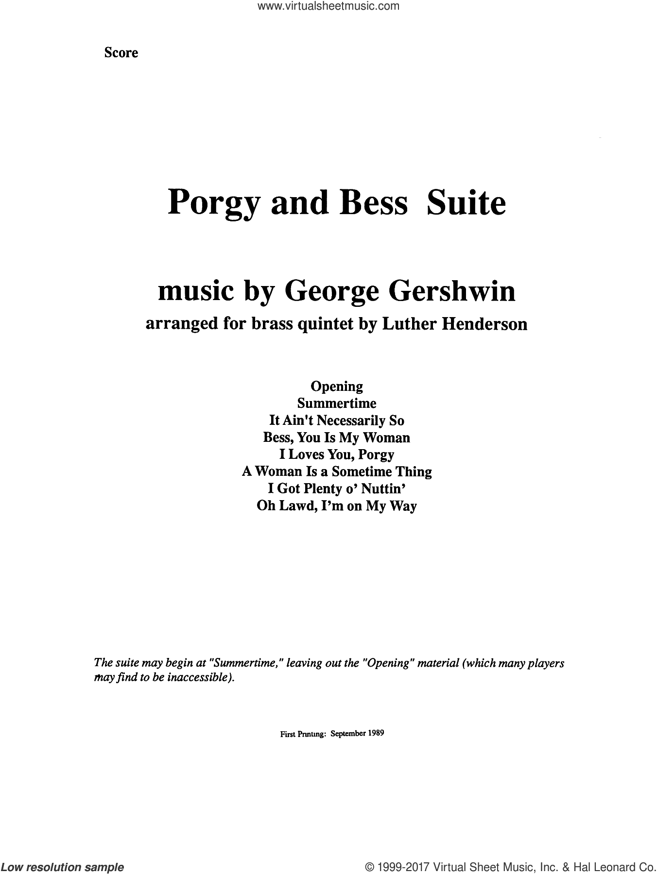 Porgy and Bess Suite sheet music (complete collection) for brass quintet