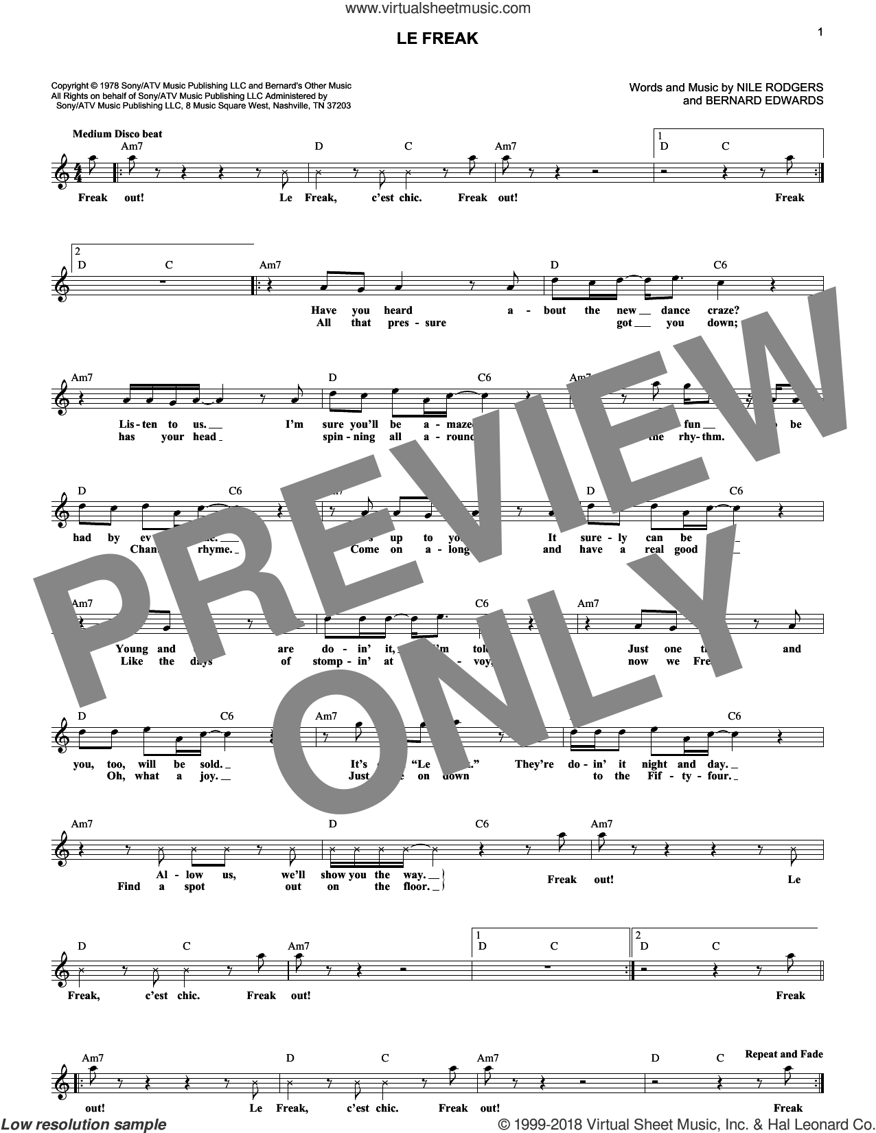 Chic: Le Freak sheet music (fake book) (PDF-interactive)