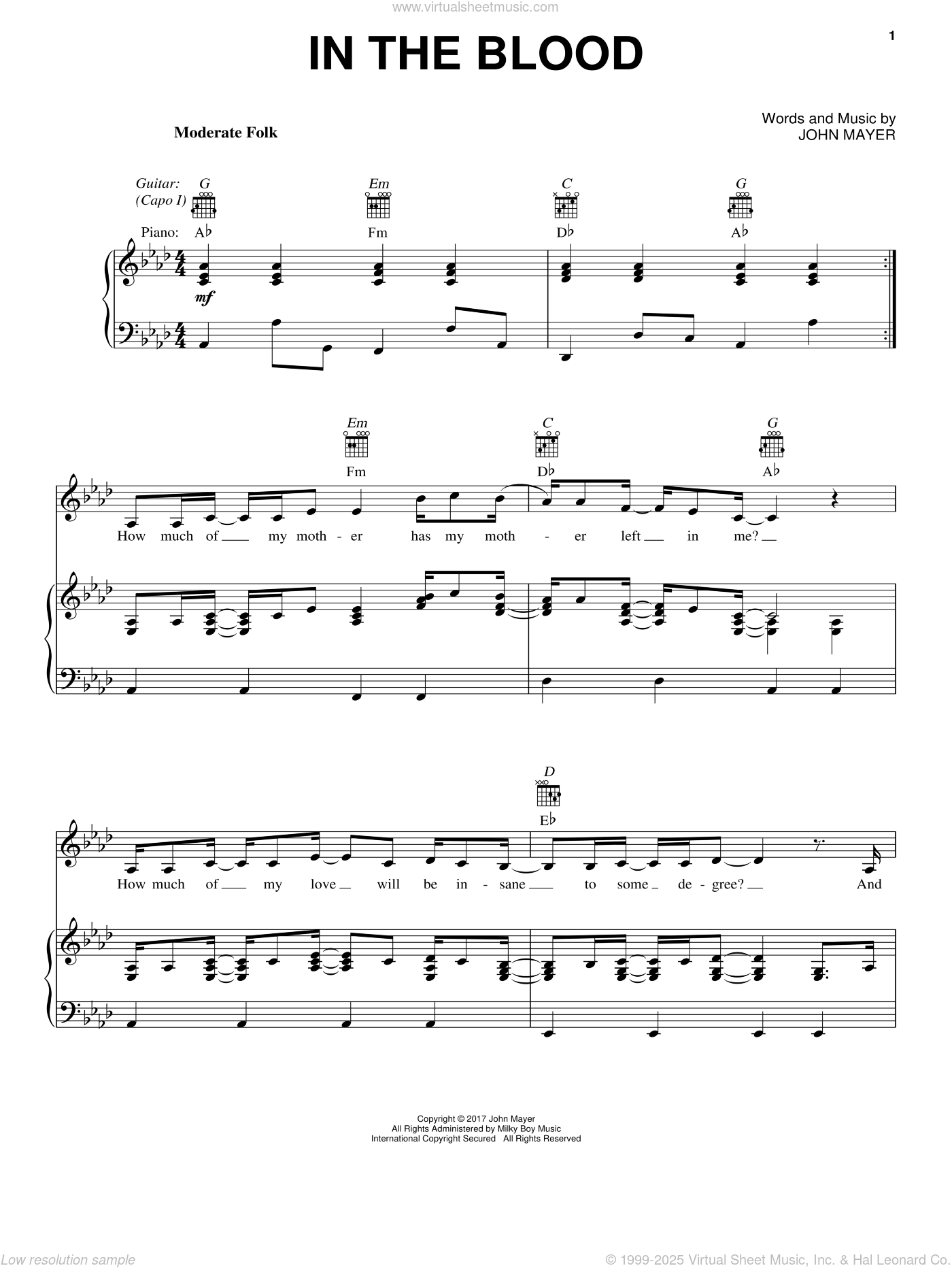 In The Blood sheet music for voice, piano or guitar (PDF)