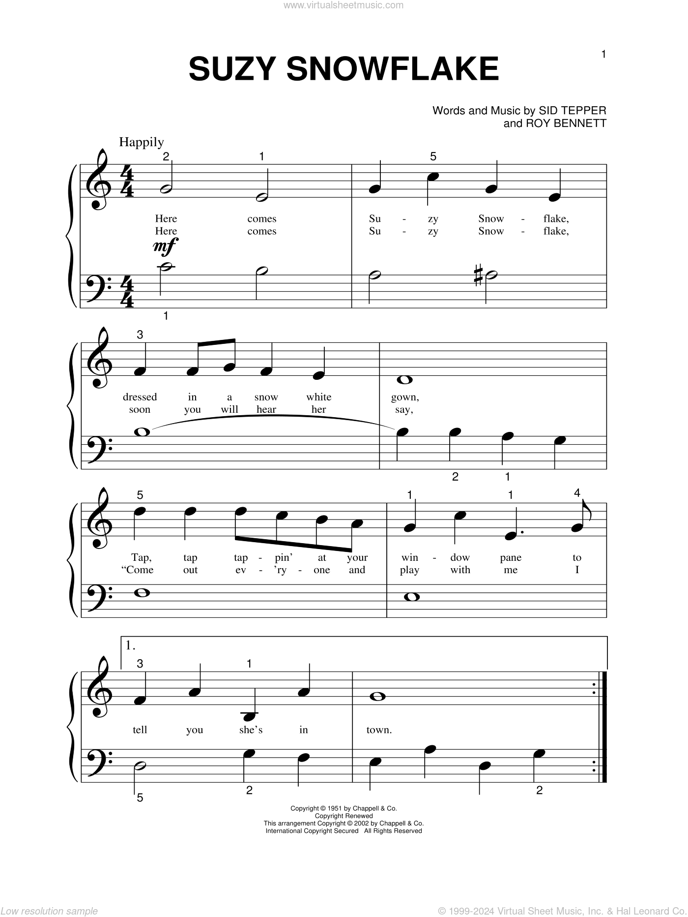 Suzy Snowflake, (beginner) sheet music for piano solo (PDF)