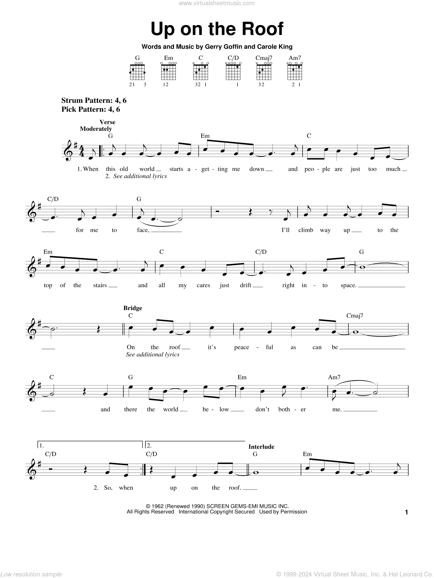 Up On The Roof sheet music (easy) for guitar solo (chords) (PDF)