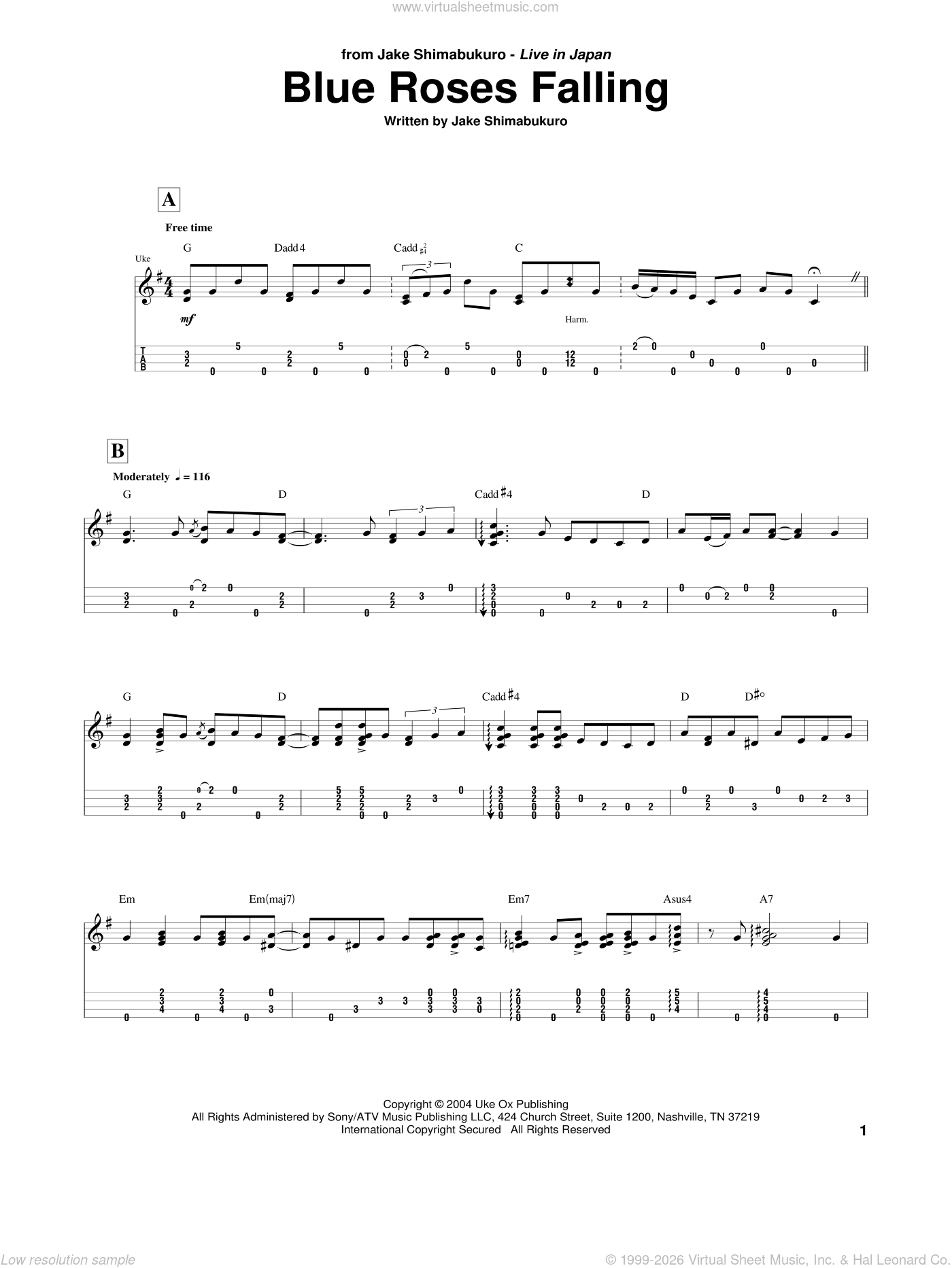 Blue Roses Falling sheet music for ukulele (tablature) (PDF)