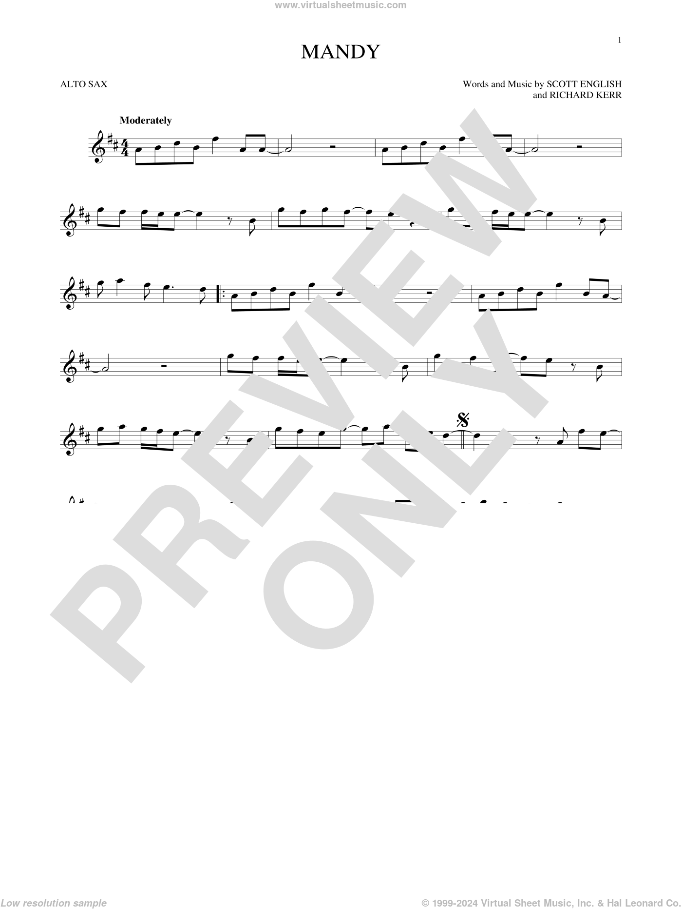 Mandy sheet music for alto saxophone solo (PDF-interactive)