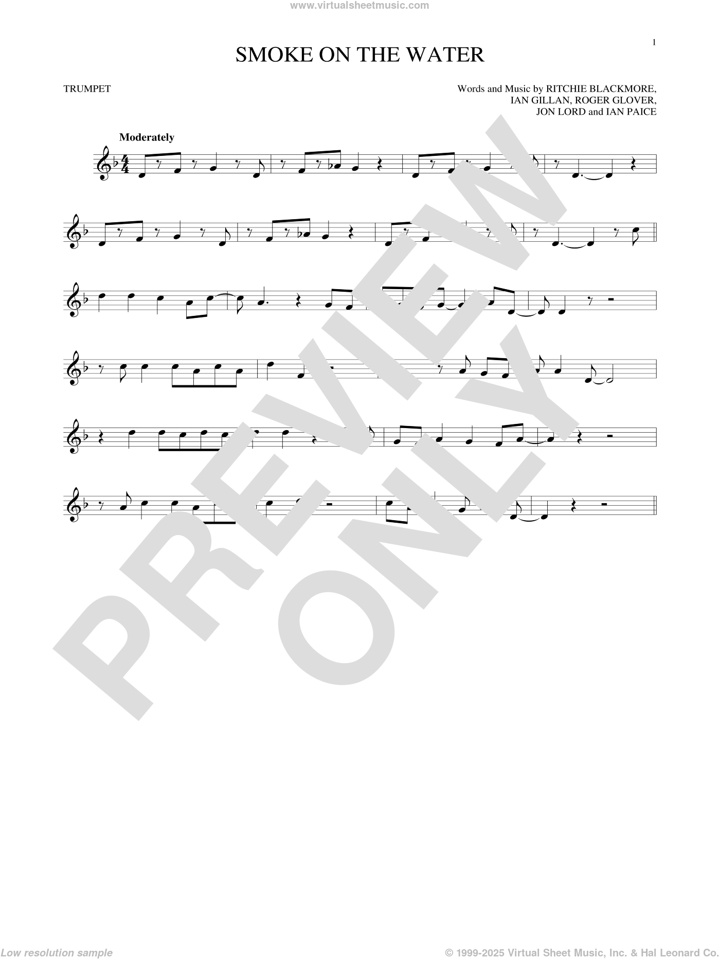 Smoke On The Water sheet music for trumpet solo (PDF-interactive)