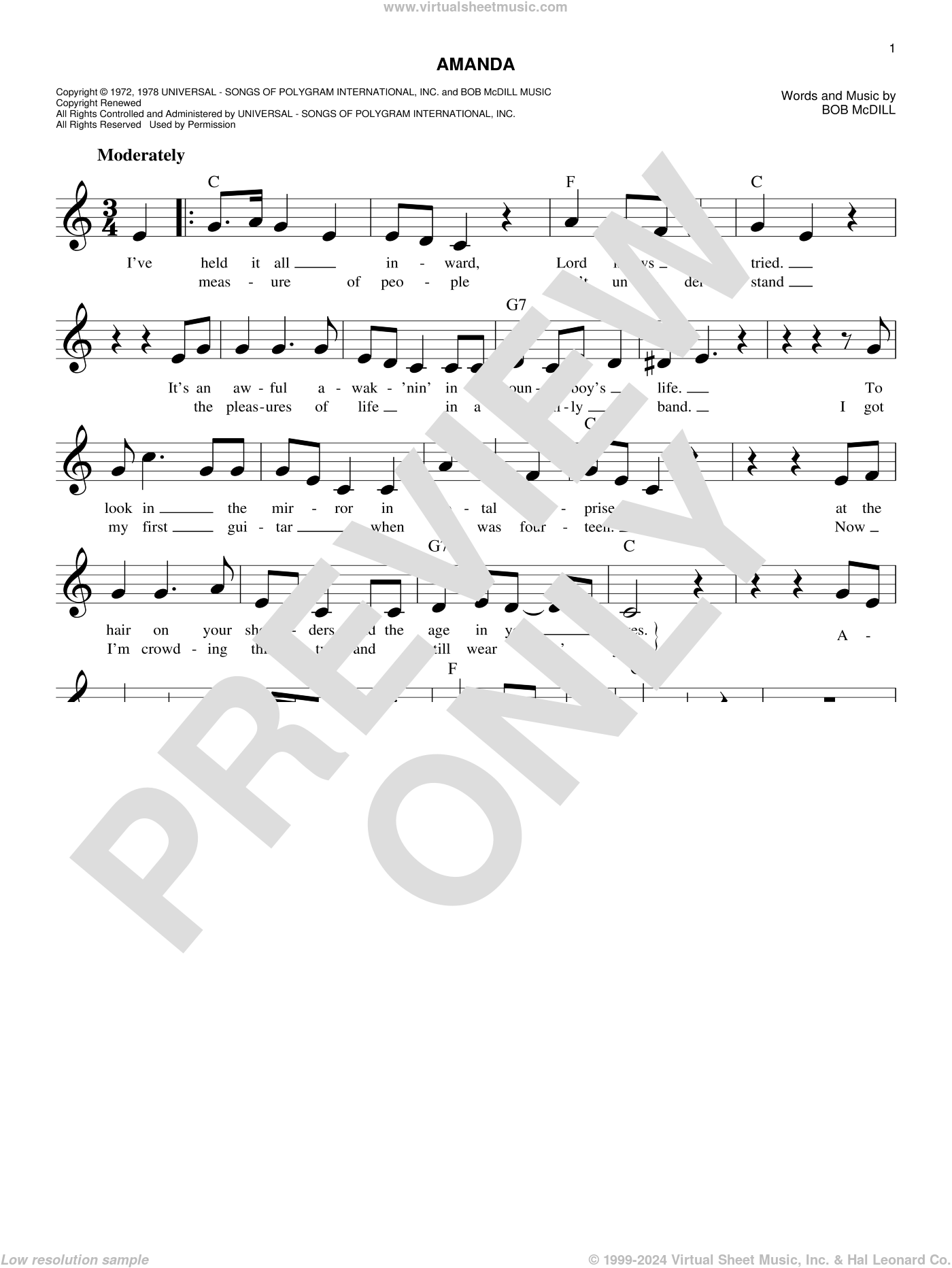 Waylon Jennings: Amanda sheet music (fake book) (PDF)