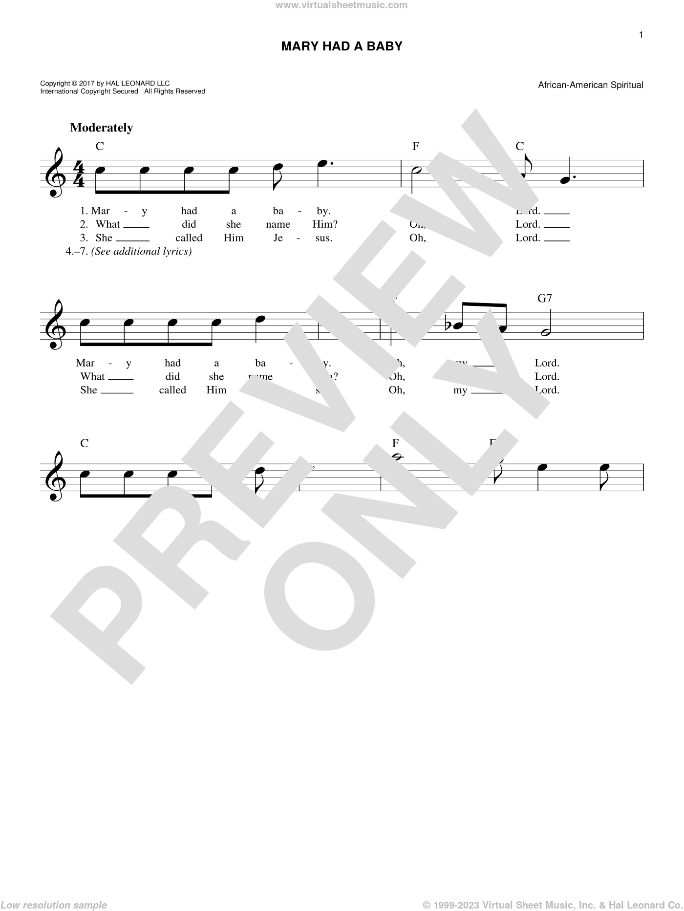 Mary Had A Baby sheet music (fake book) (PDF-interactive)