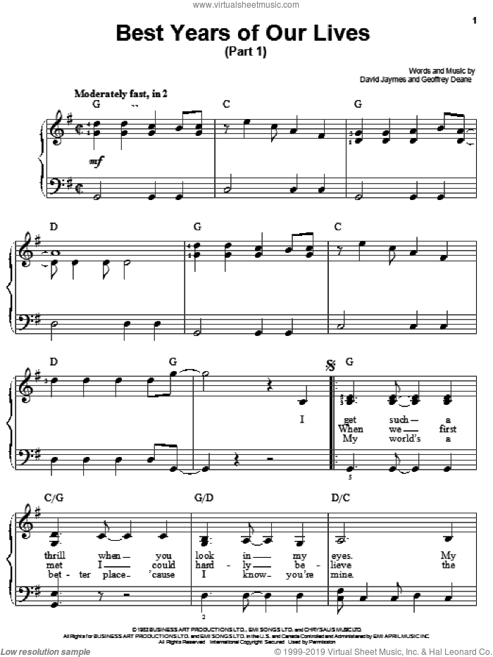 Best Years Of Our Lives (Part I) sheet music for piano solo (PDF)