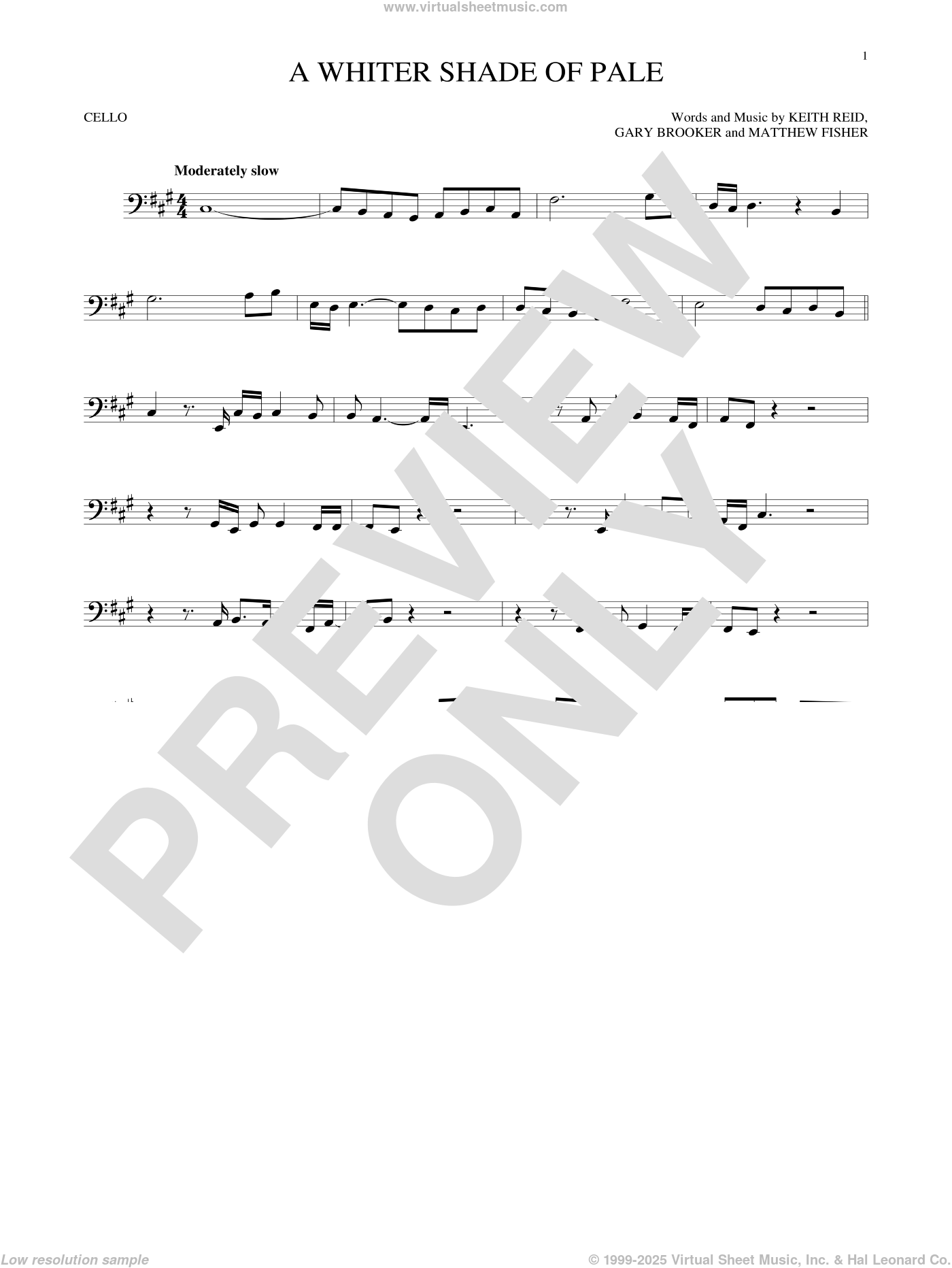A Whiter Shade Of Pale sheet music for cello solo (PDF)