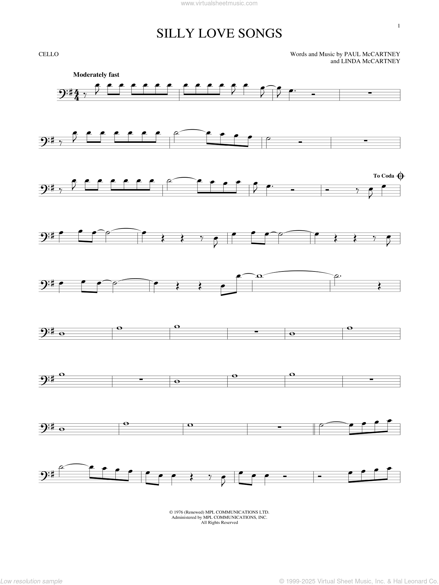 Silly Love Songs sheet music for cello solo (PDF-interactive)