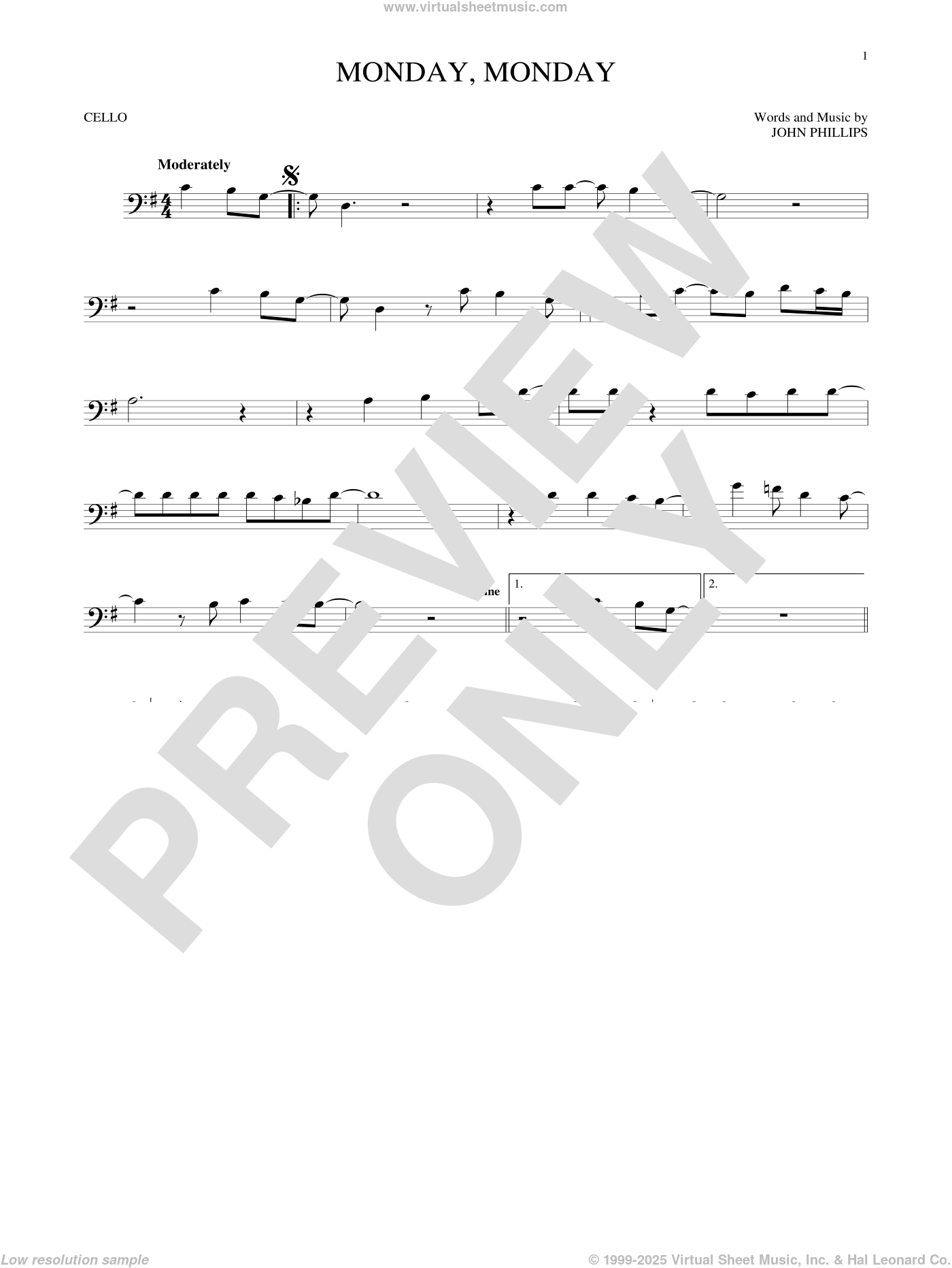 Monday, Monday sheet music for cello solo (PDF-interactive)