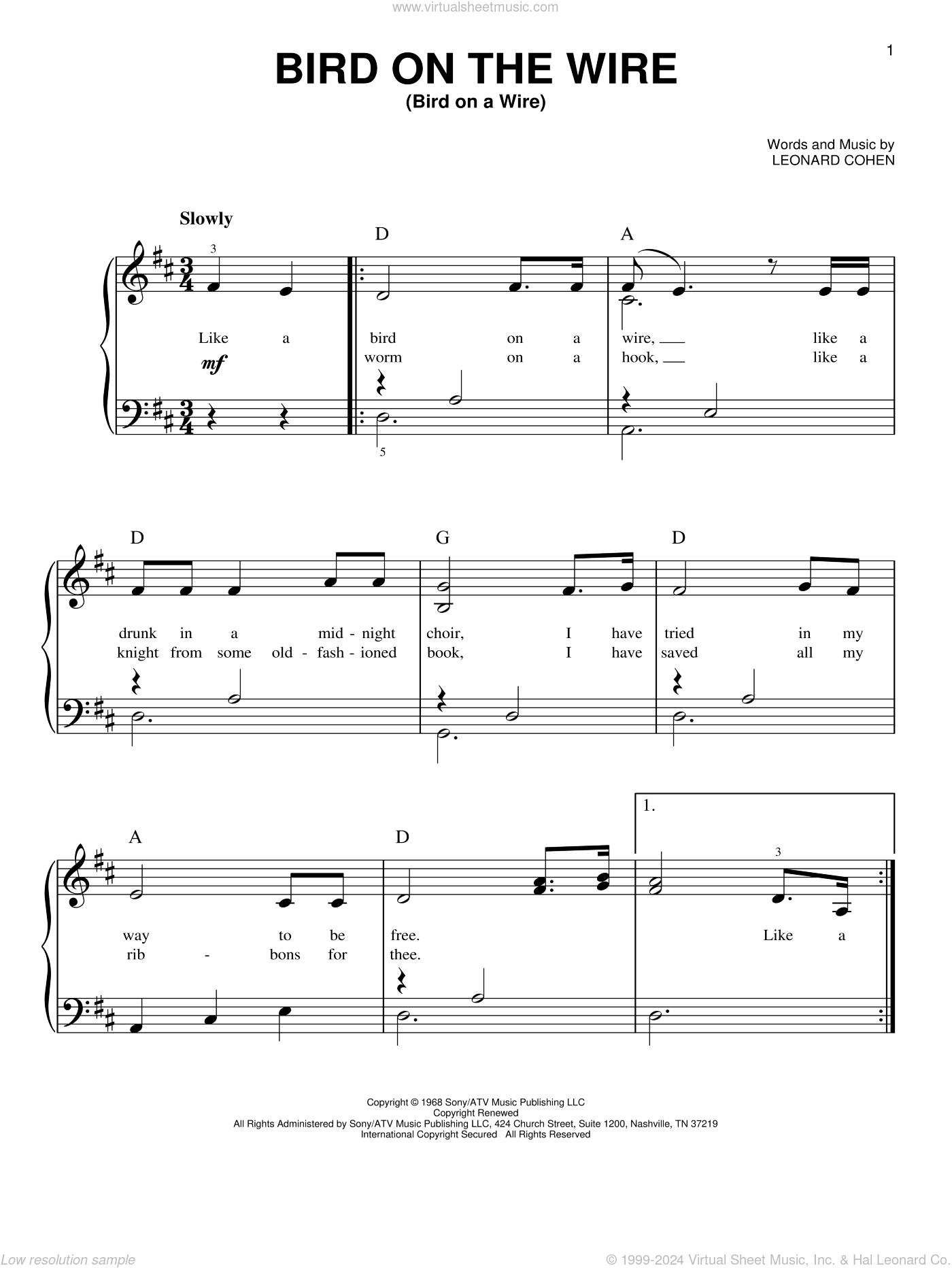 Bird On The Wire (Bird On A Wire) sheet music for piano solo