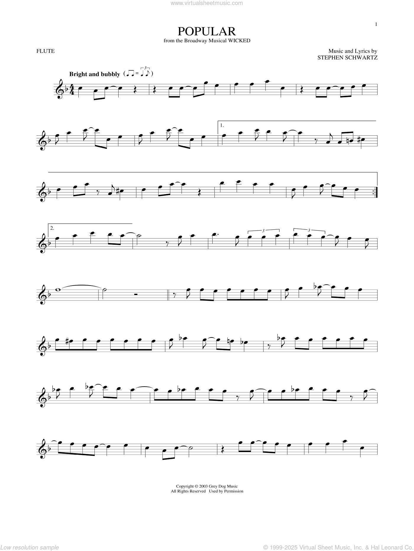 Popular (from Wicked) sheet music for flute solo (PDF)